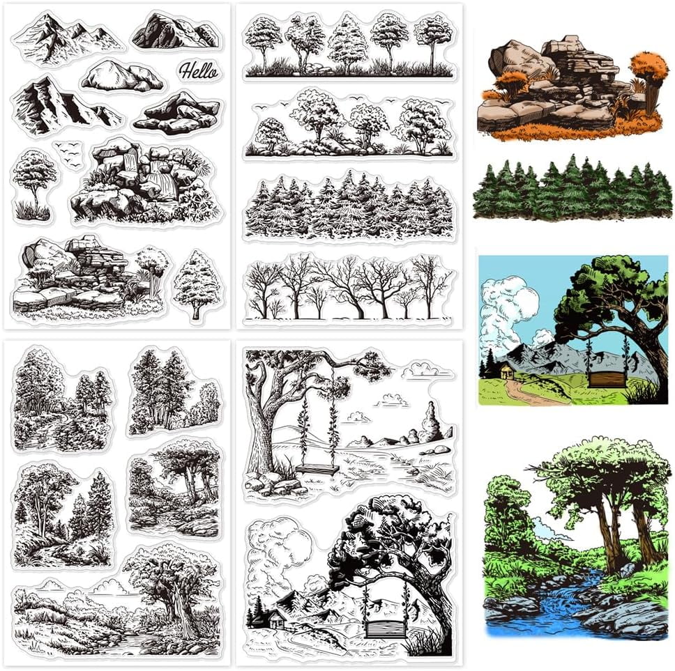 4 Sheets Woods Clear Stamps for Card Making Waterfall Jungle Path Peaks ...