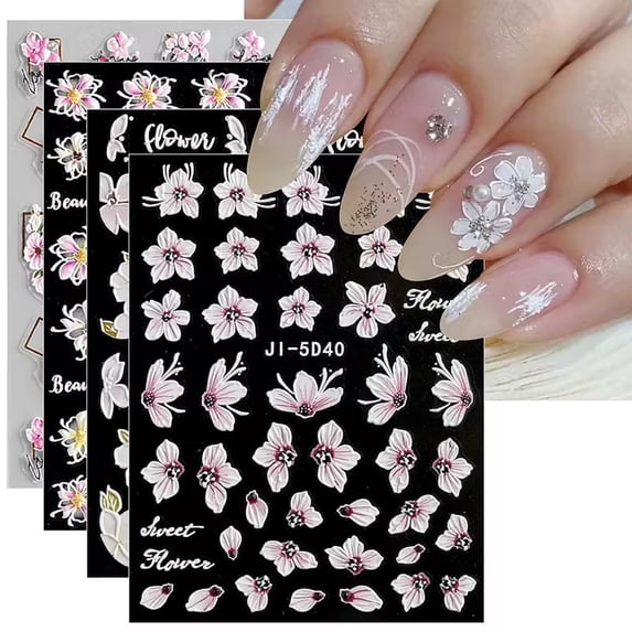 4 Sheets of 3D Embossed Spring Floral Nail Art Stickers - Vibrant ...