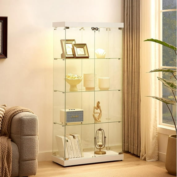 4-Shelf 2 Doors Glass Display Cabinet with LED Light, 66.3in High ...