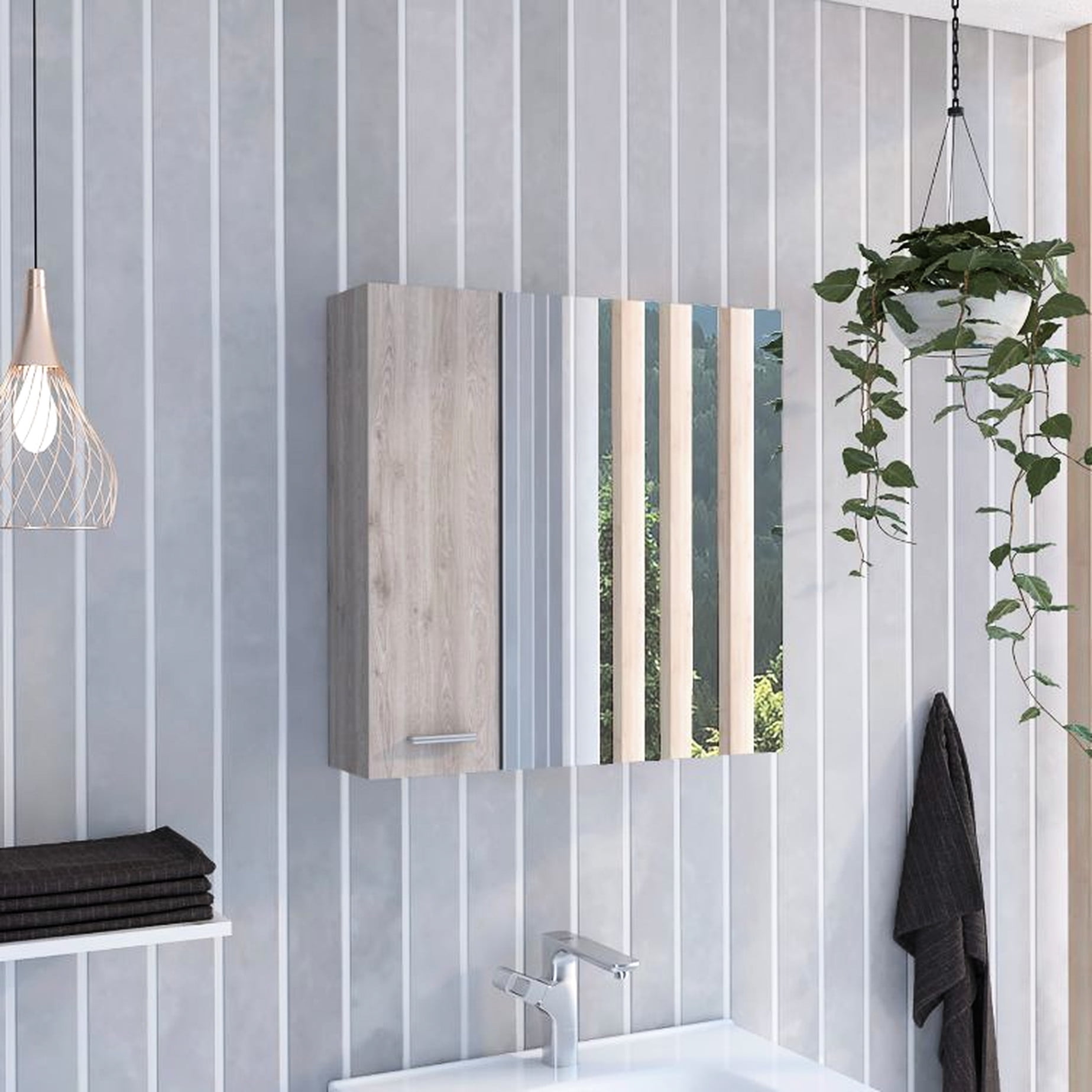 4-Shelf Bathroom Cabinet, Double Door, Mirror, 23.6" H x 5.8" D, Light ...