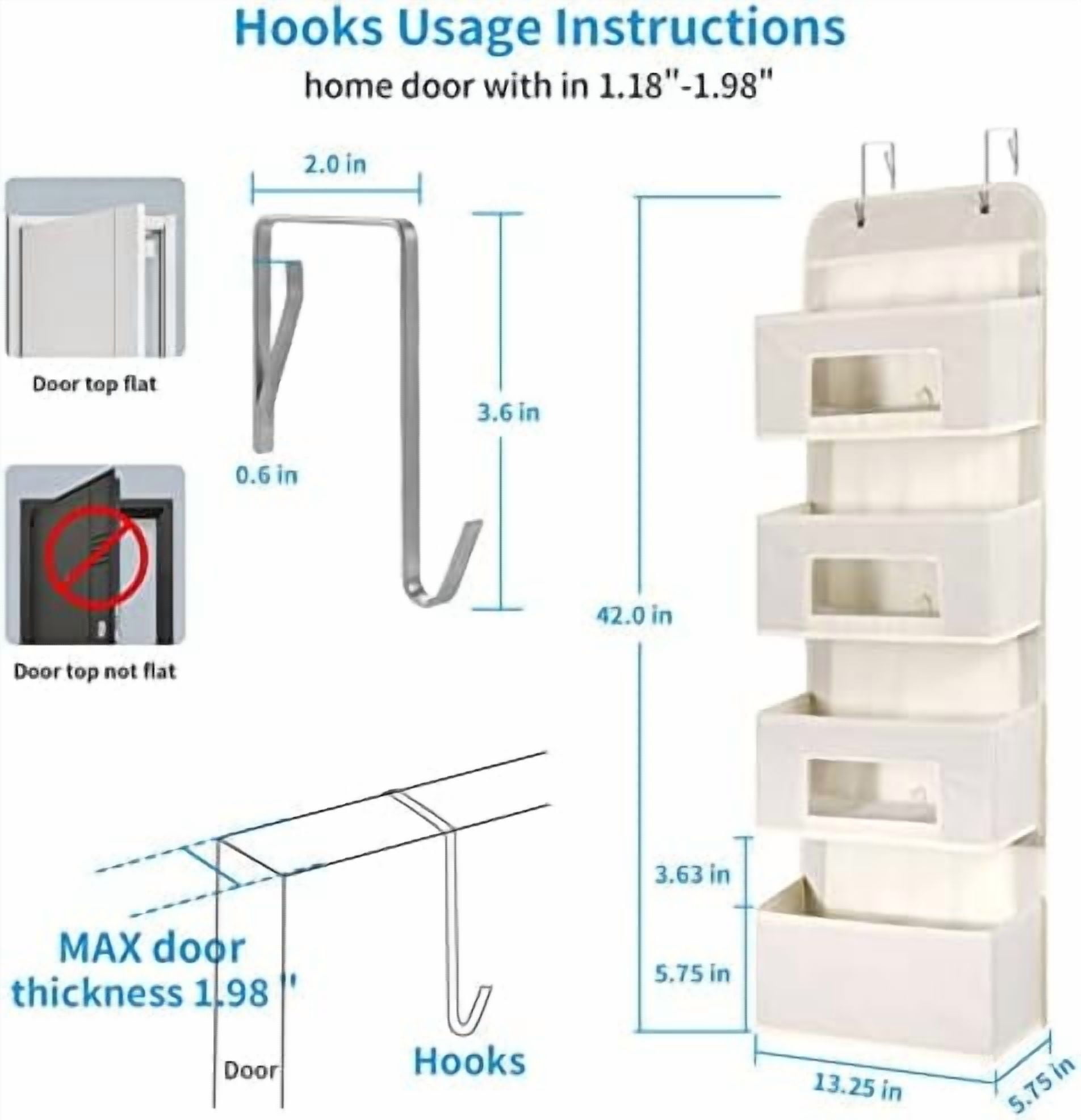 4-Shelf Over The Door Hanging Organizer with 2 Metal Hooks, 4 Pocket ...