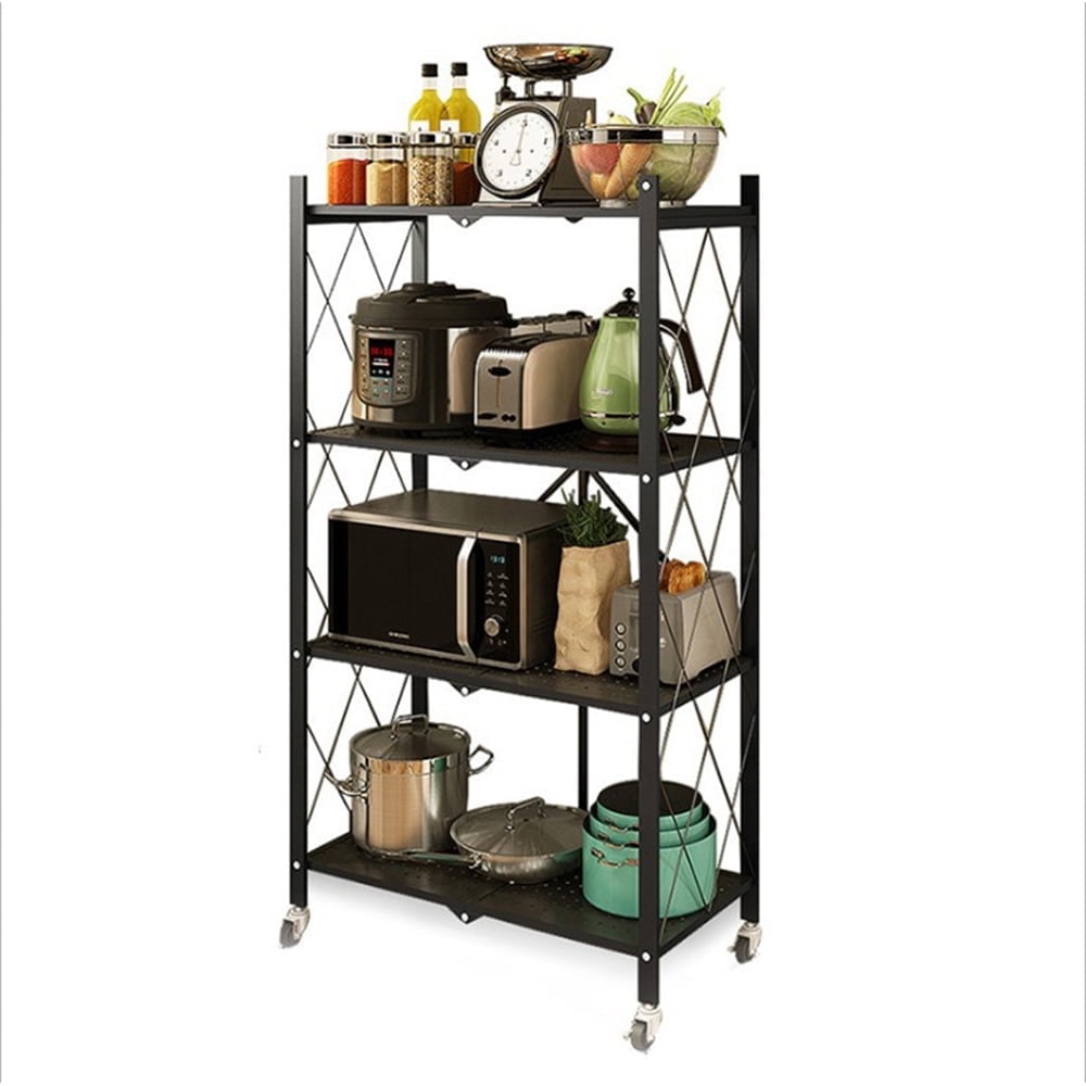 4-Shelf Foldable Storage Shelves with Wheels, Folding Metal Rack ...