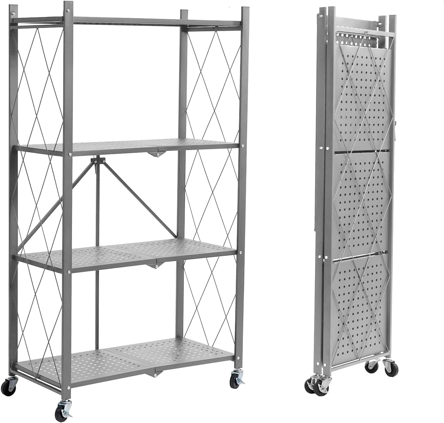 4-Shelf Foldable Storage Shelves with Wheels, Folding Metal Rack ...