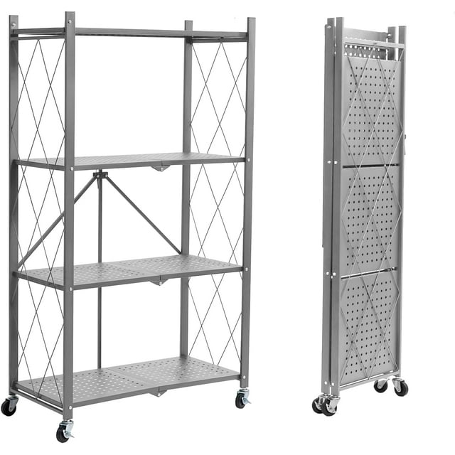 4-Shelf Foldable Storage Shelves with Wheels, Folding Metal Rack ...