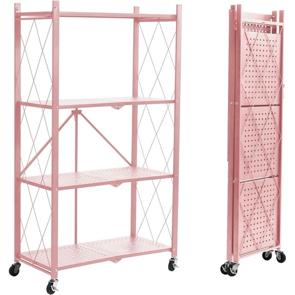 4-Shelf Foldable Storage Shelves with Wheels, Folding Metal Rack ...