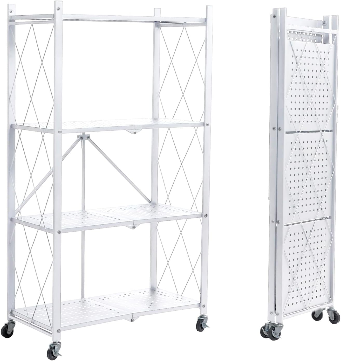 4-Shelf Foldable Storage Shelves with Wheels, Folding Metal Rack ...