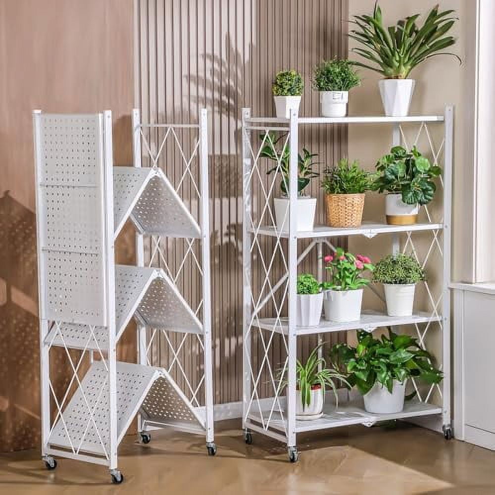 4-Shelf Foldable Storage Shelves with Wheels, Heavy Duty Metal Shelving ...