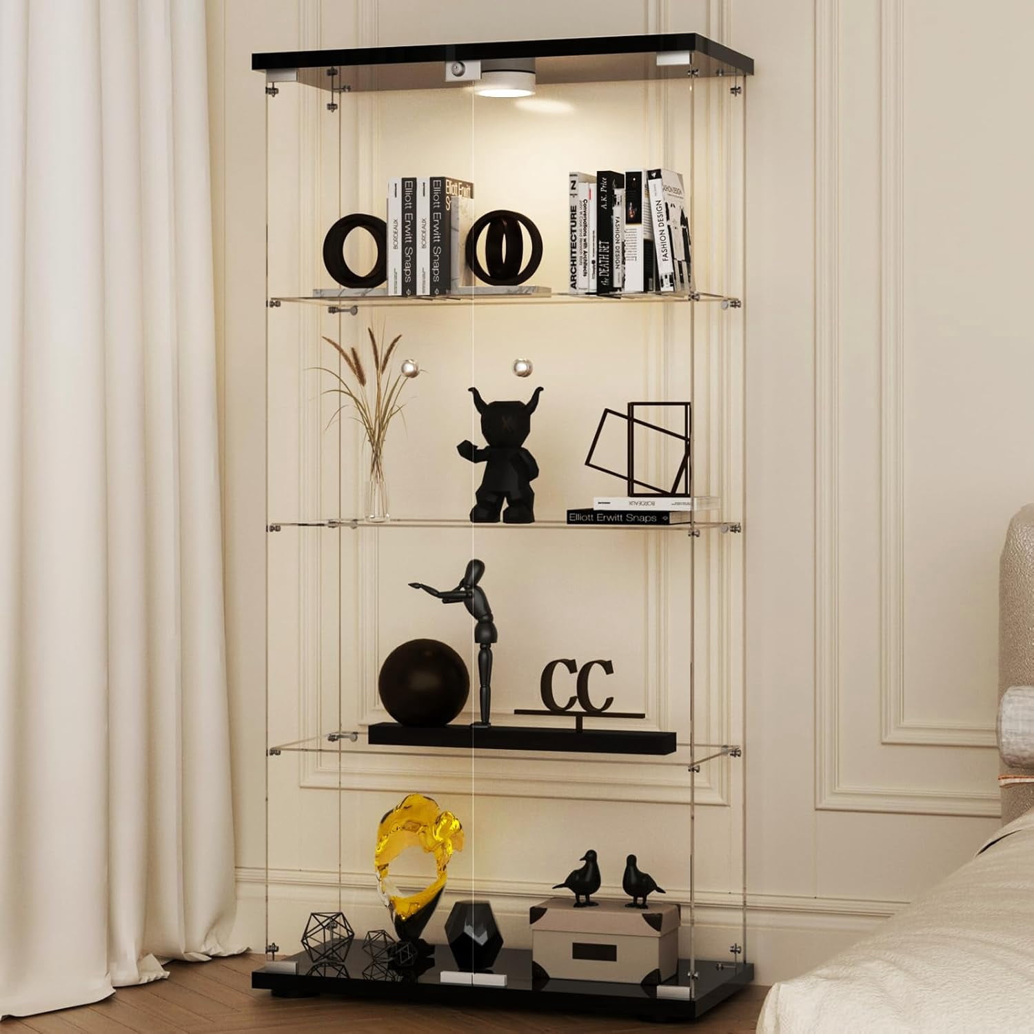 4-Shelf Glass Display Cabinet with Double Doors, Curio Display Case ...