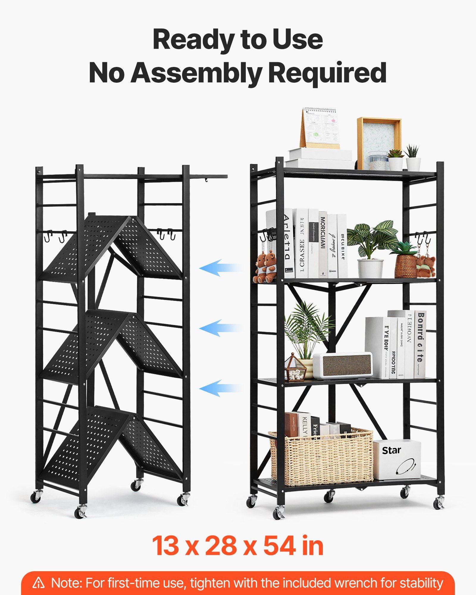 4-Shelf Mobile Storage Rack on Wheels, 28x13x54 Inch Freestanding Steel ...