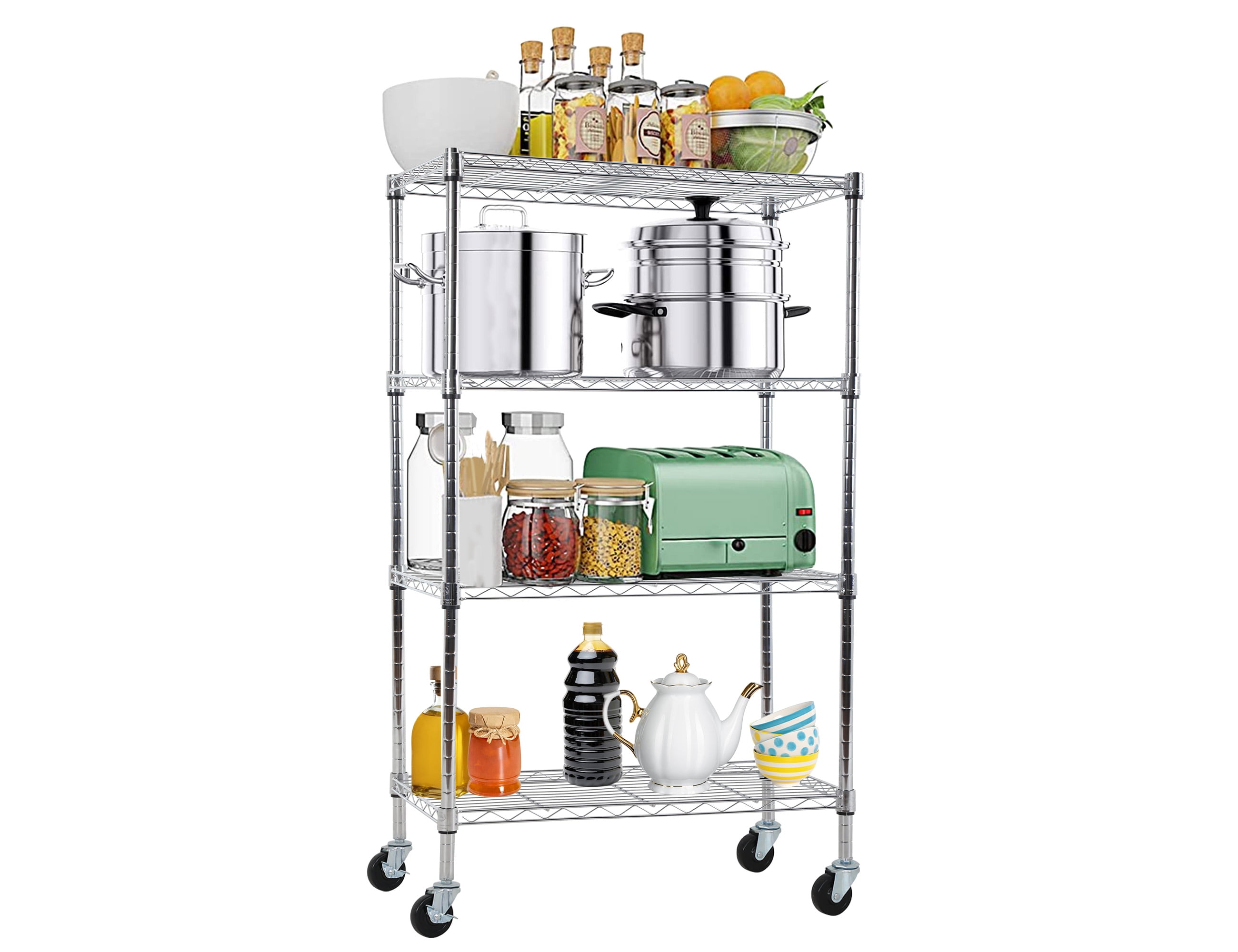 4 Shelf Shelving Storage Units with Wheels, Wire Heavy Duty Shelves for ...