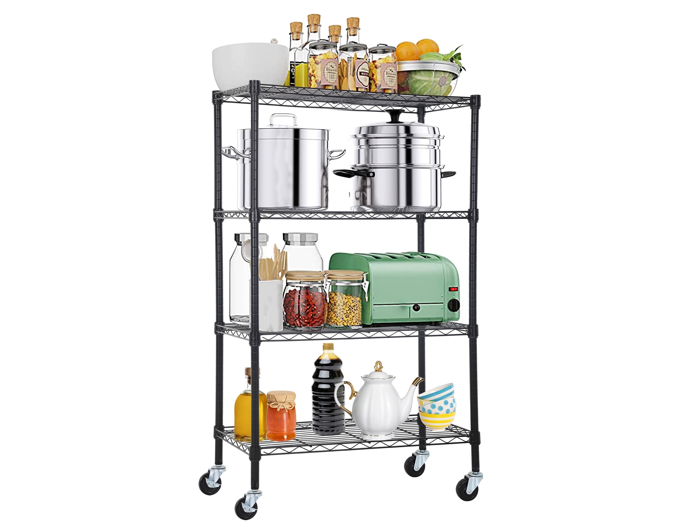 4-Tier Heavy Duty Steel Shelving Unit with Wheels, Adjustable Wire Rack ...