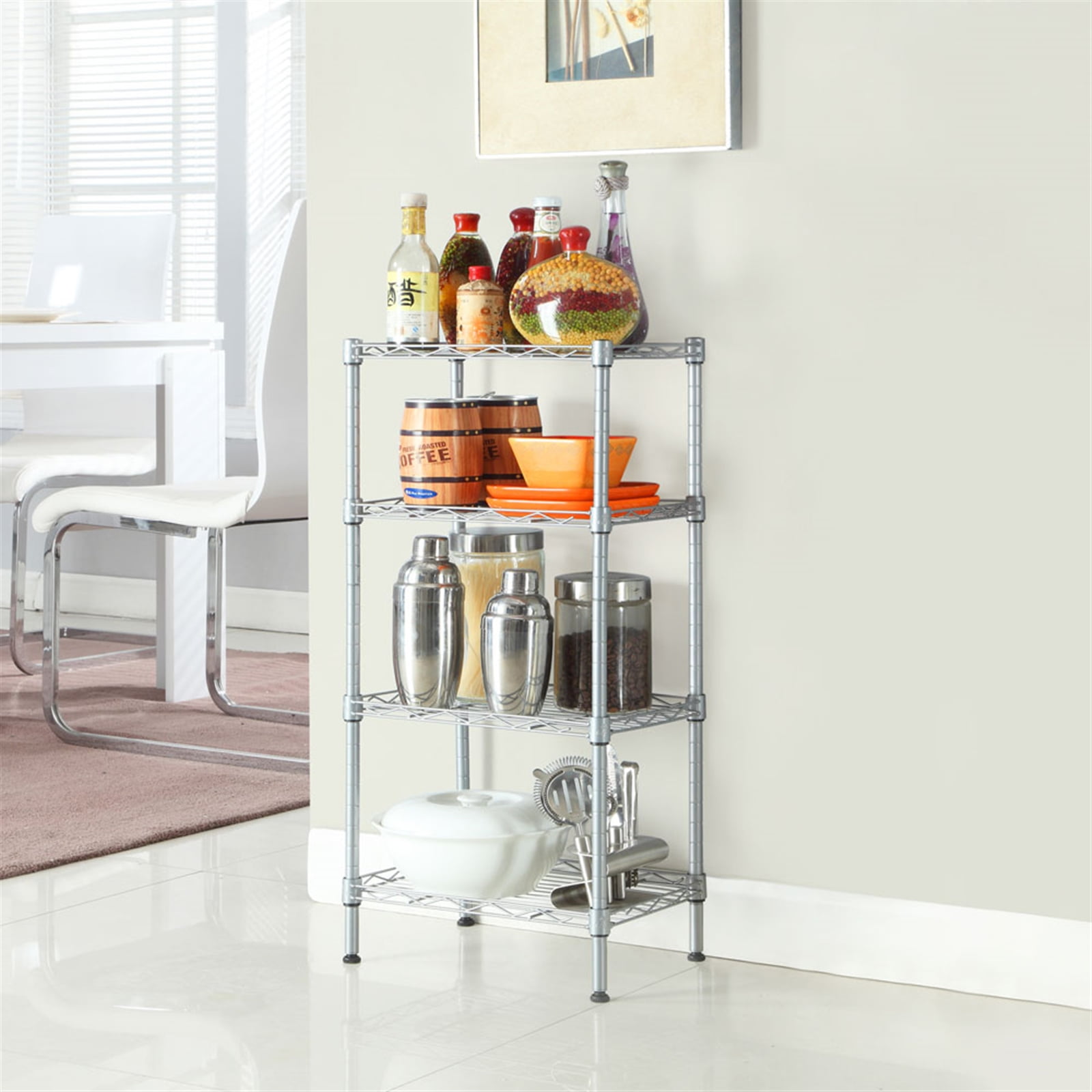 4 Shelf Storage Rack Rectangle Carbon Steel Metal Assembly, Silver Gray ...