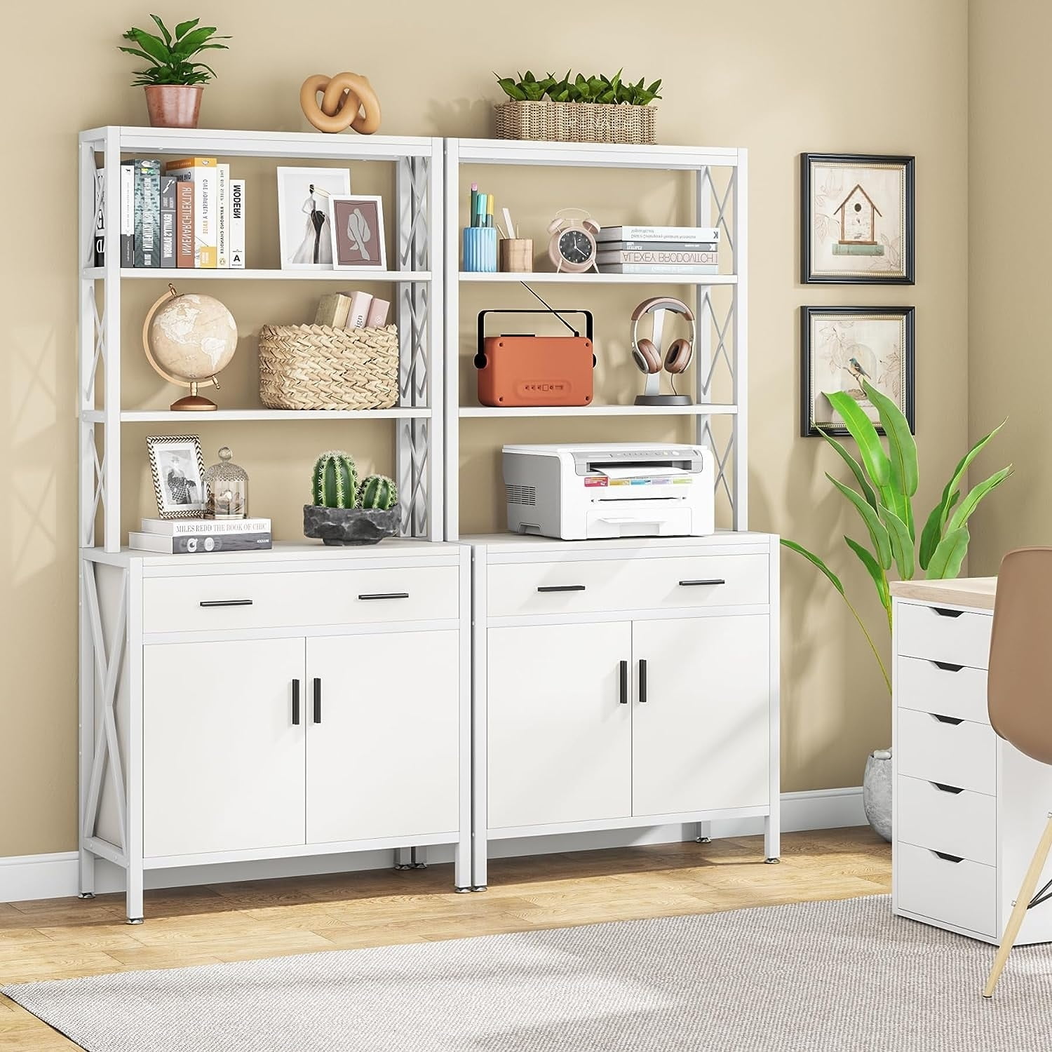 4 Shelf Tall Bookshelf with Drawer and Cabinet, 68-inch Bookcase with ...