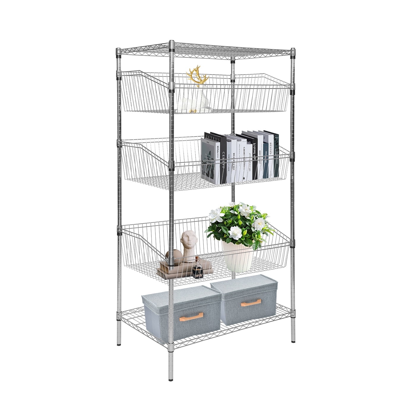 4-Tier Wire Shelving Unit w/ Wire Basket Shelf, Heavy Duty Height ...