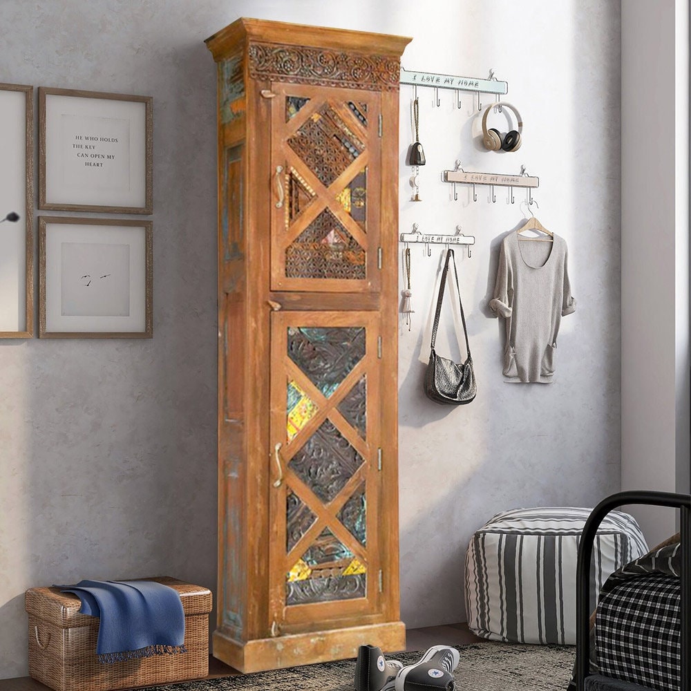 4 Shelves Antique Handcarved Narrow Armoire | Farmhouse Style 90 Inch ...