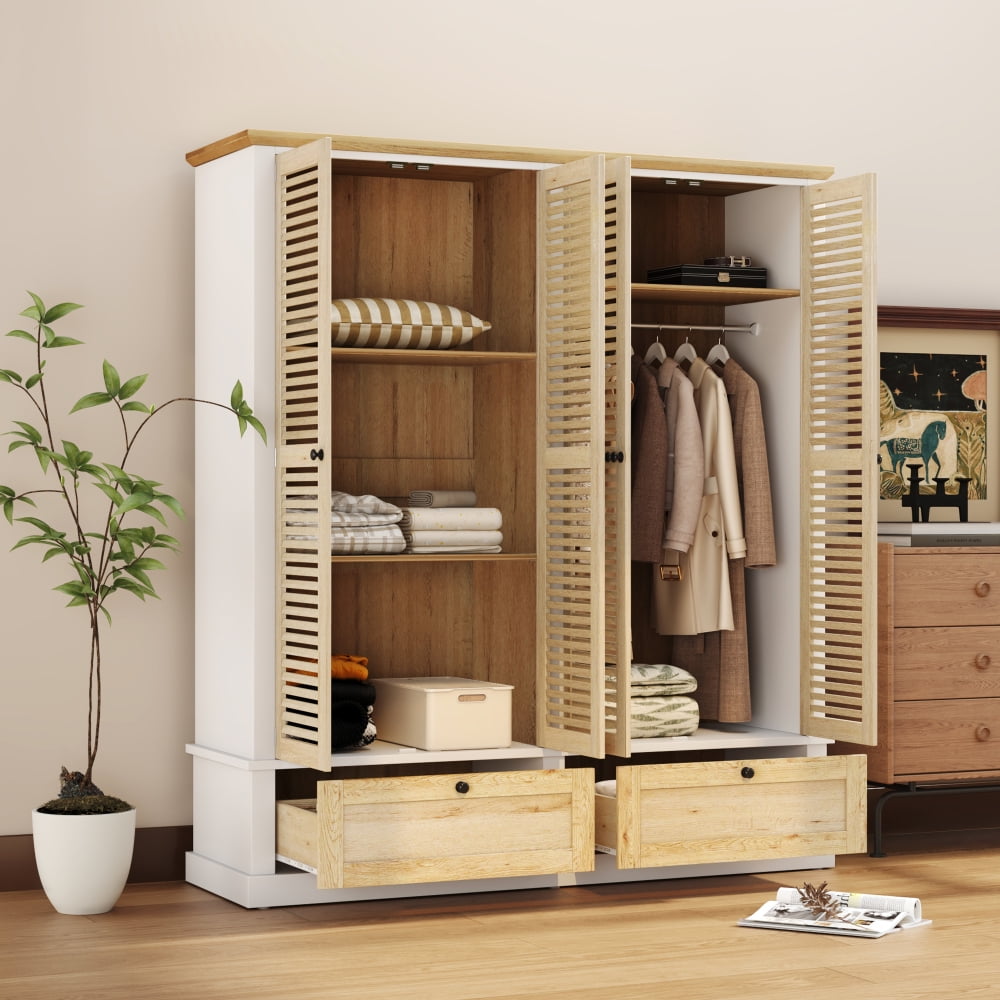 4 Shutter Door Wardrobe Armoire Closet with 2 Drawers, Natural+White ...