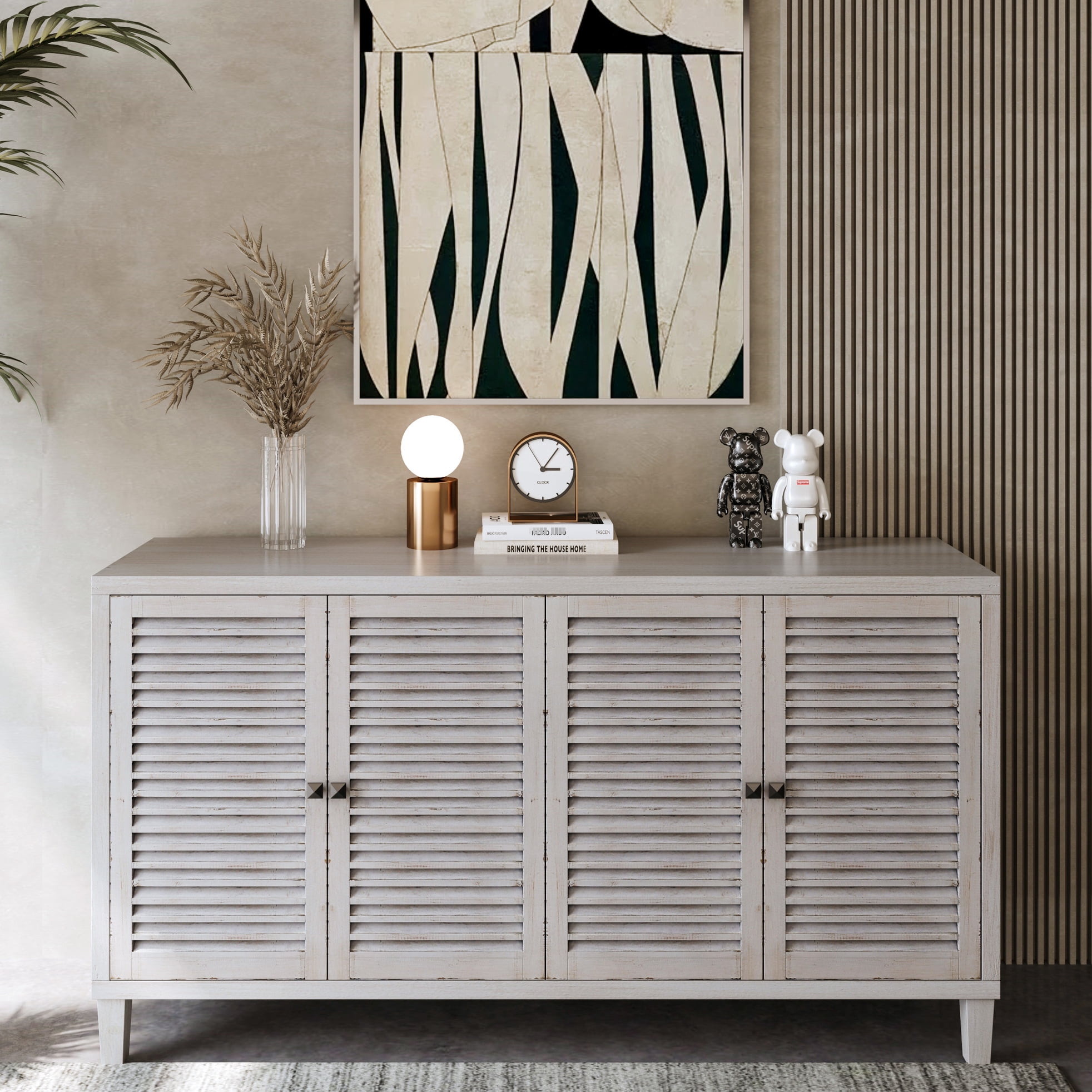 4 Shutter Door Wooden Accent Cabinet, Buffet Server Sideboard Cabinet ...