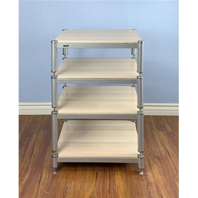 4 Silver Cap & Spike, Silver Poles & 4 Natural Shelves AV Stand ...