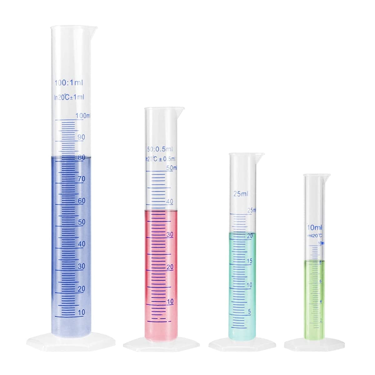 4 Sizes - 10ml 25ml 50ml 100ml Plastic Graduated Cylinkers Set ...