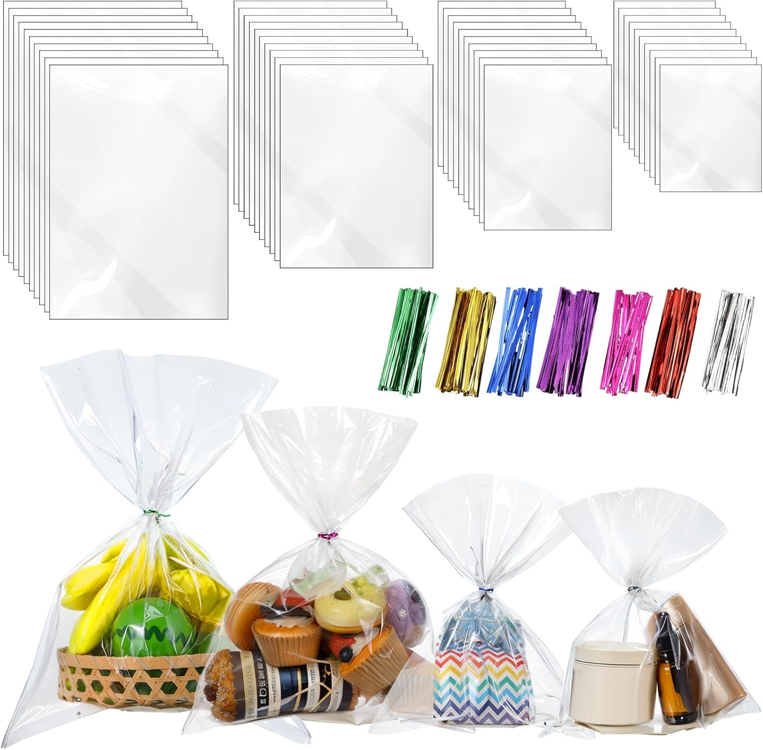 4 Sizes 200 Pieces Clear Plastic Cellophane Bags Cello Treat Bags with ...