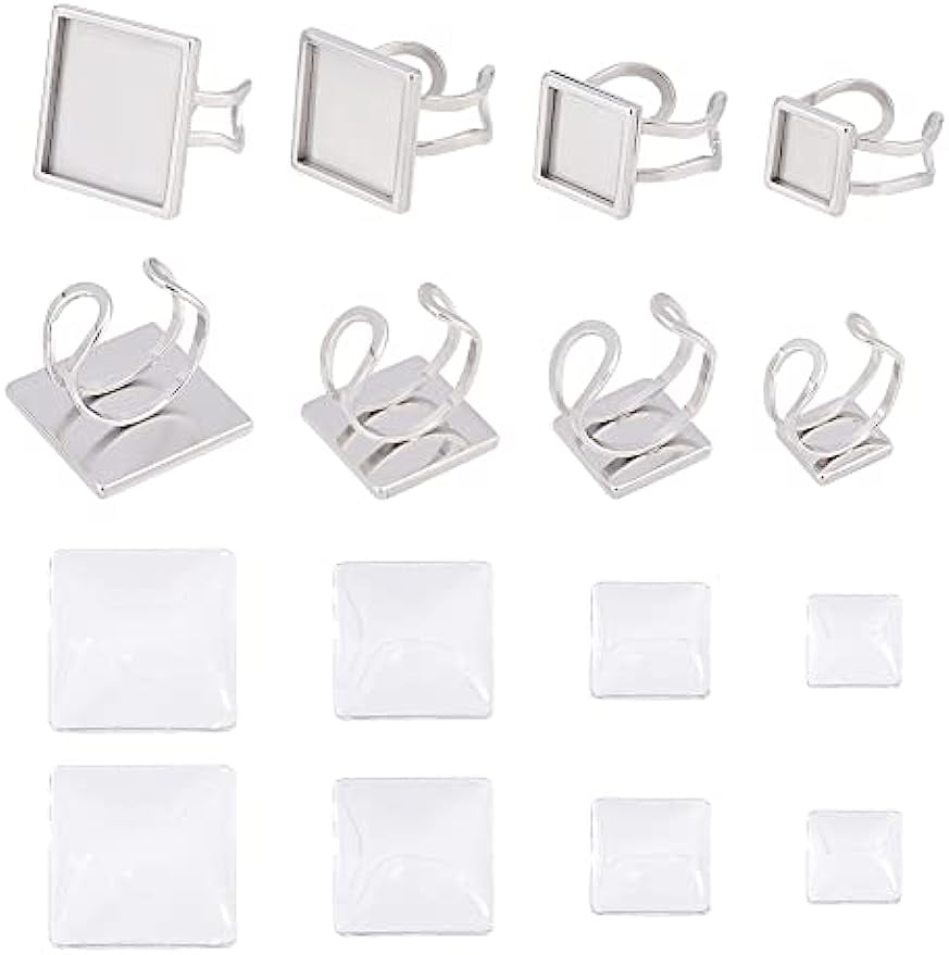 4 Sizes DIY Square Blank Dome Cuff Ring Making Kit 8pcs Stainless Steel ...