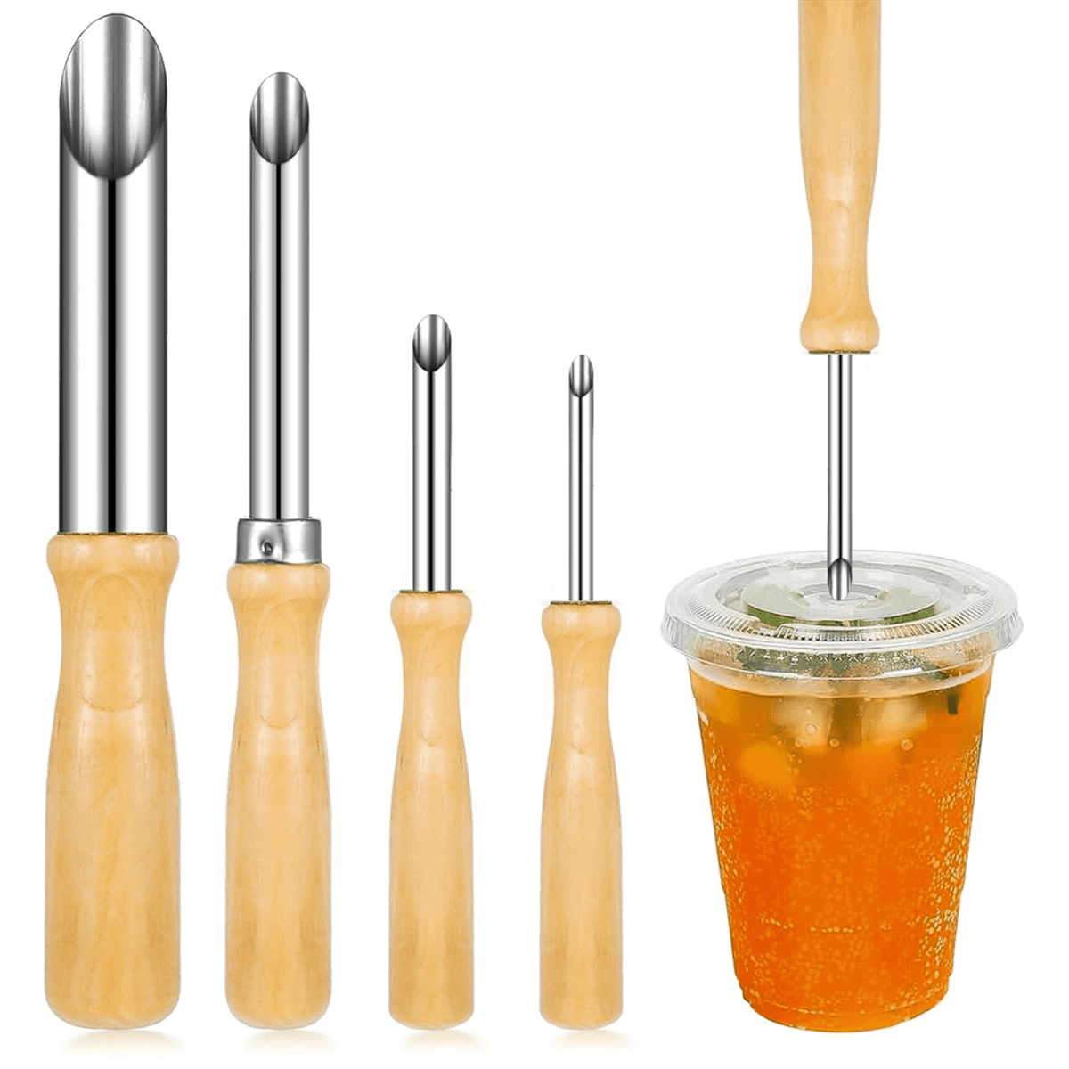 4 Sizes Straw Punch with Wooden Handle, Round Hole Making Tool for Cafe ...