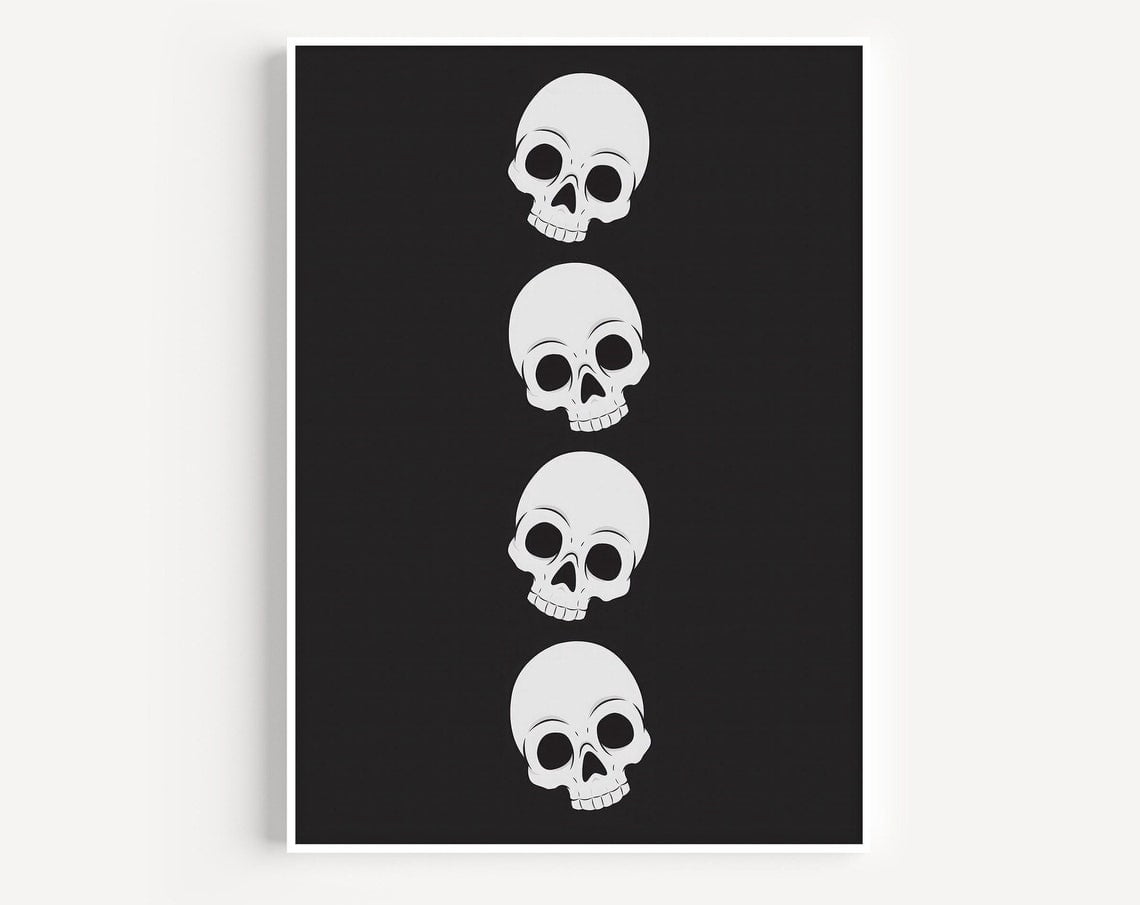 4 Skulls Art Print, Decor, Spooky Art, College Dorm Decor, Skull Decor ...
