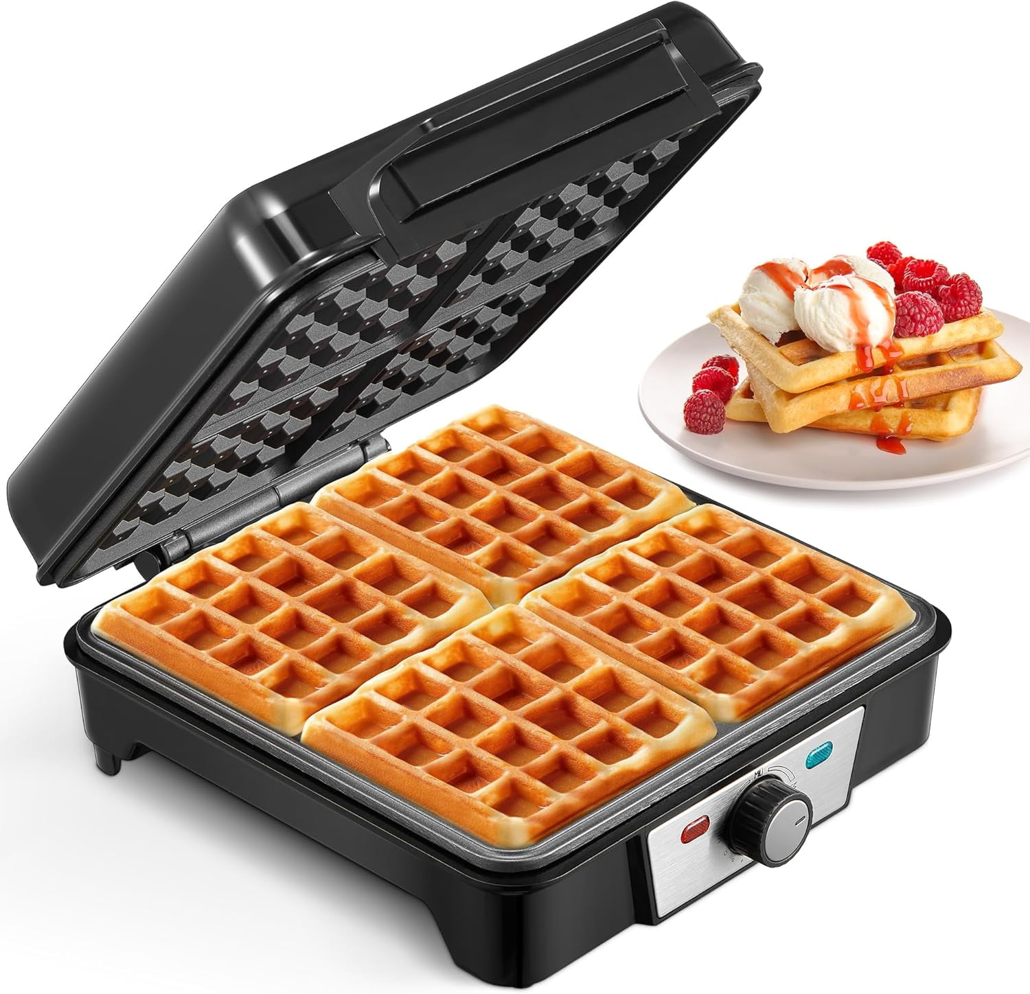4-Slice Belgian Waffle Maker, 3 Browning Levels with Nonstick Square ...