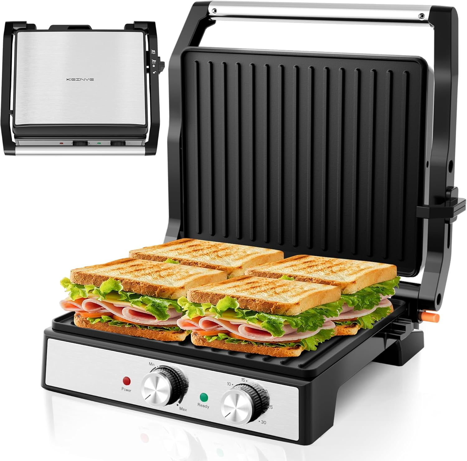 4-Slice Panini Press Grill & Sandwich Maker - 1600W, Adjustable Temp ...