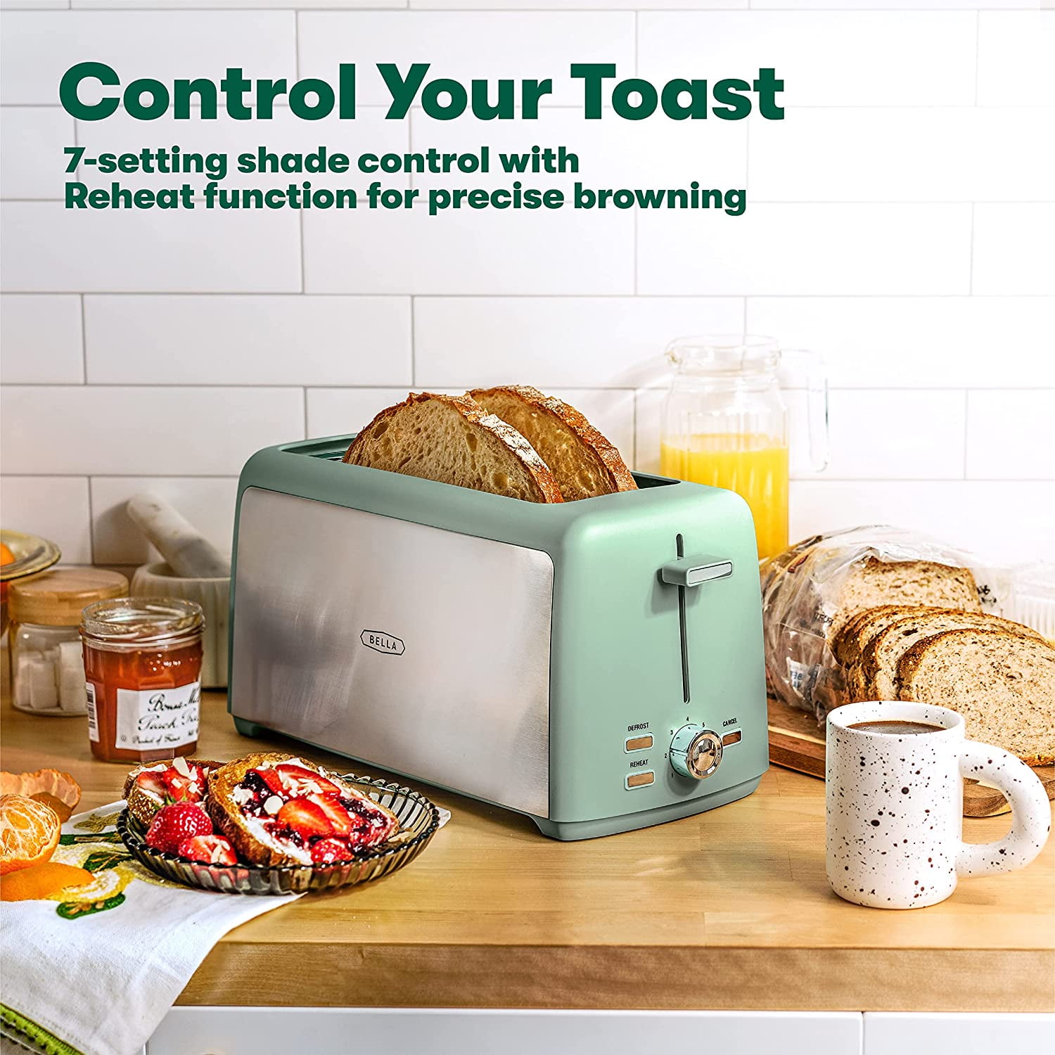 4 Slice Toaster, Long Slot & Removable Crumb Tray - 7 Shading Options ...