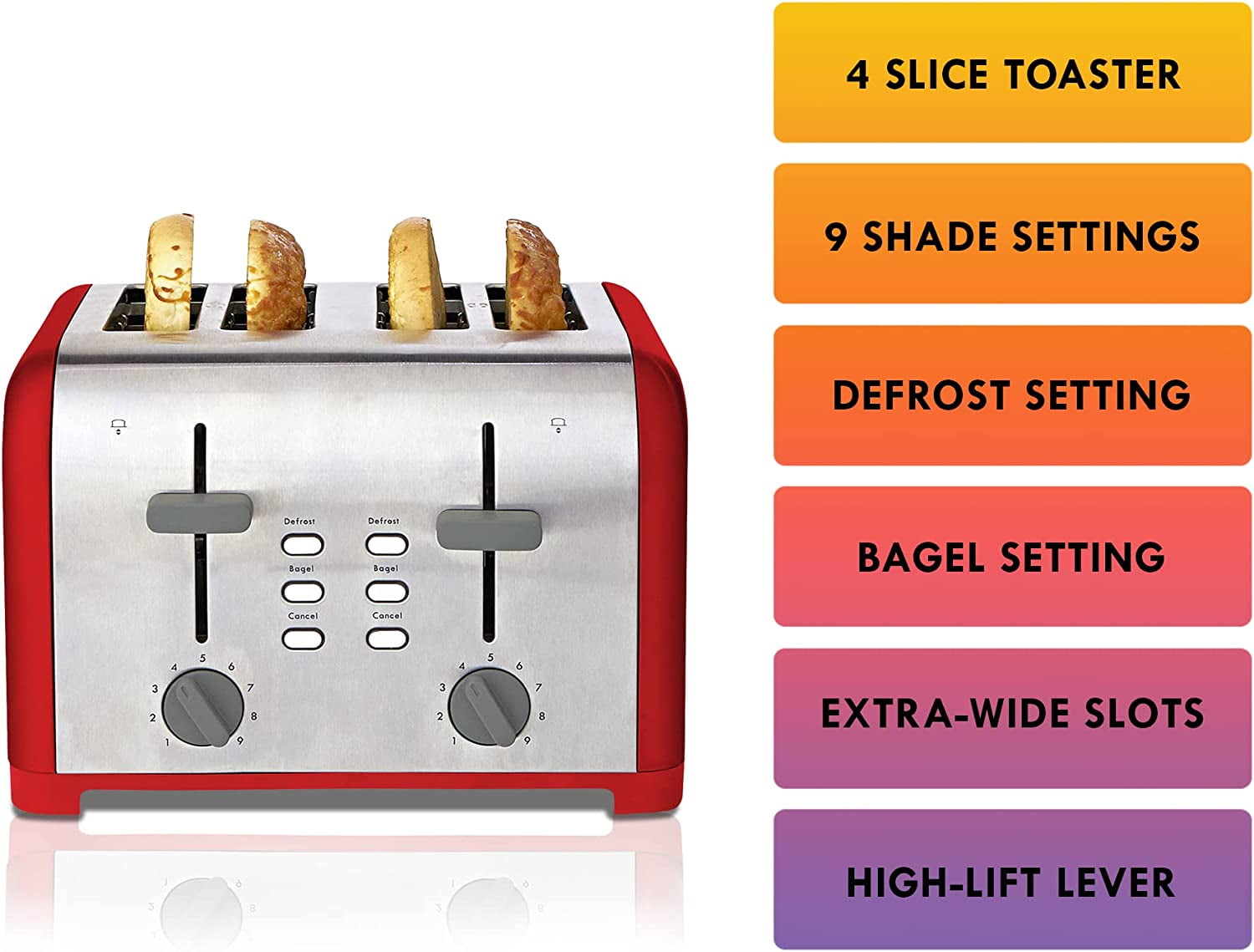 4 Slice Toaster Red Stainless Steel Extra Wide Slots Adjustable ...