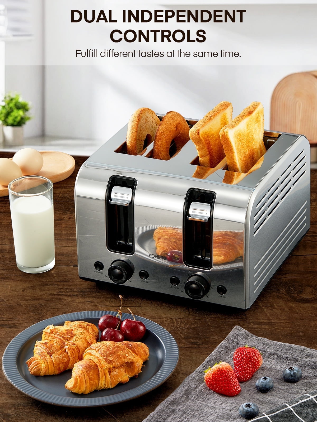 Free Shipping! FOHERE 4-Slice Stainless Steel Toaster with Wide Slots ...