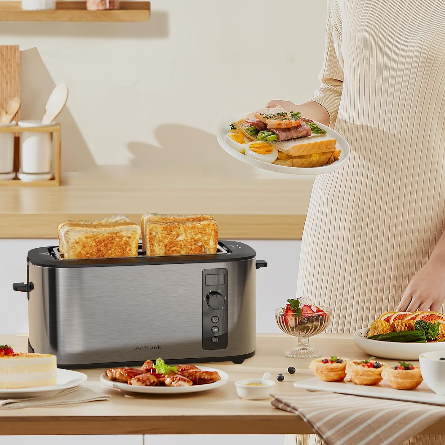 4 Slice Toaster with Countdown Timer, Extra Wide Slots for Bagels and ...