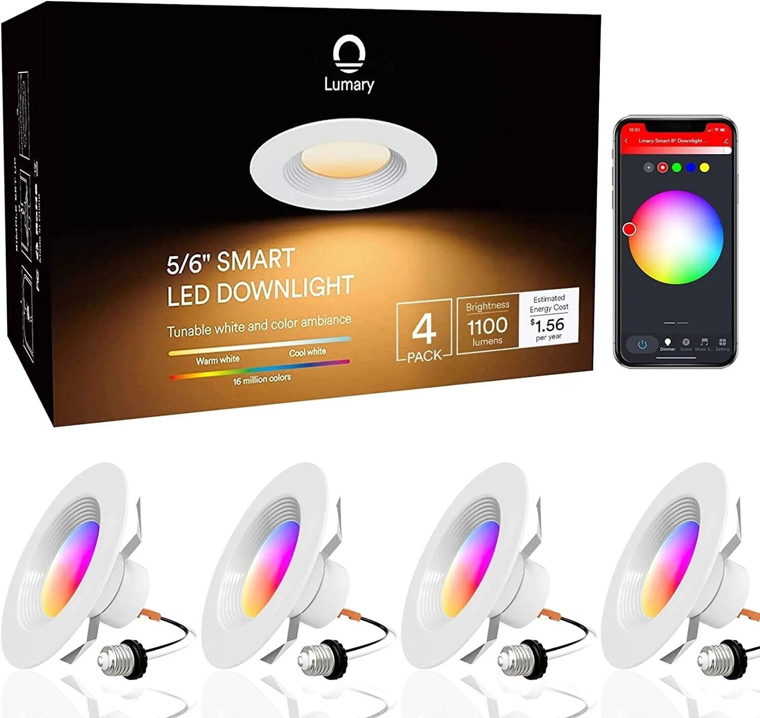 (4) Smart LED Lights 5/6 Inch, WiFi Retrofit Can Recessed Lighting RGB - Walmart.com
