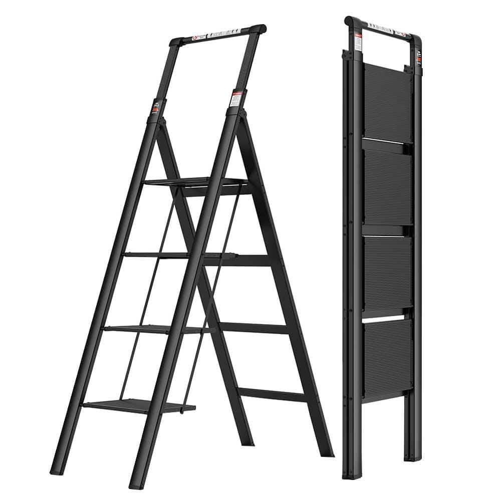 4-Step 5.5ft. Reach Aluminum Retractable Handgrip Folding Ladder, Step ...