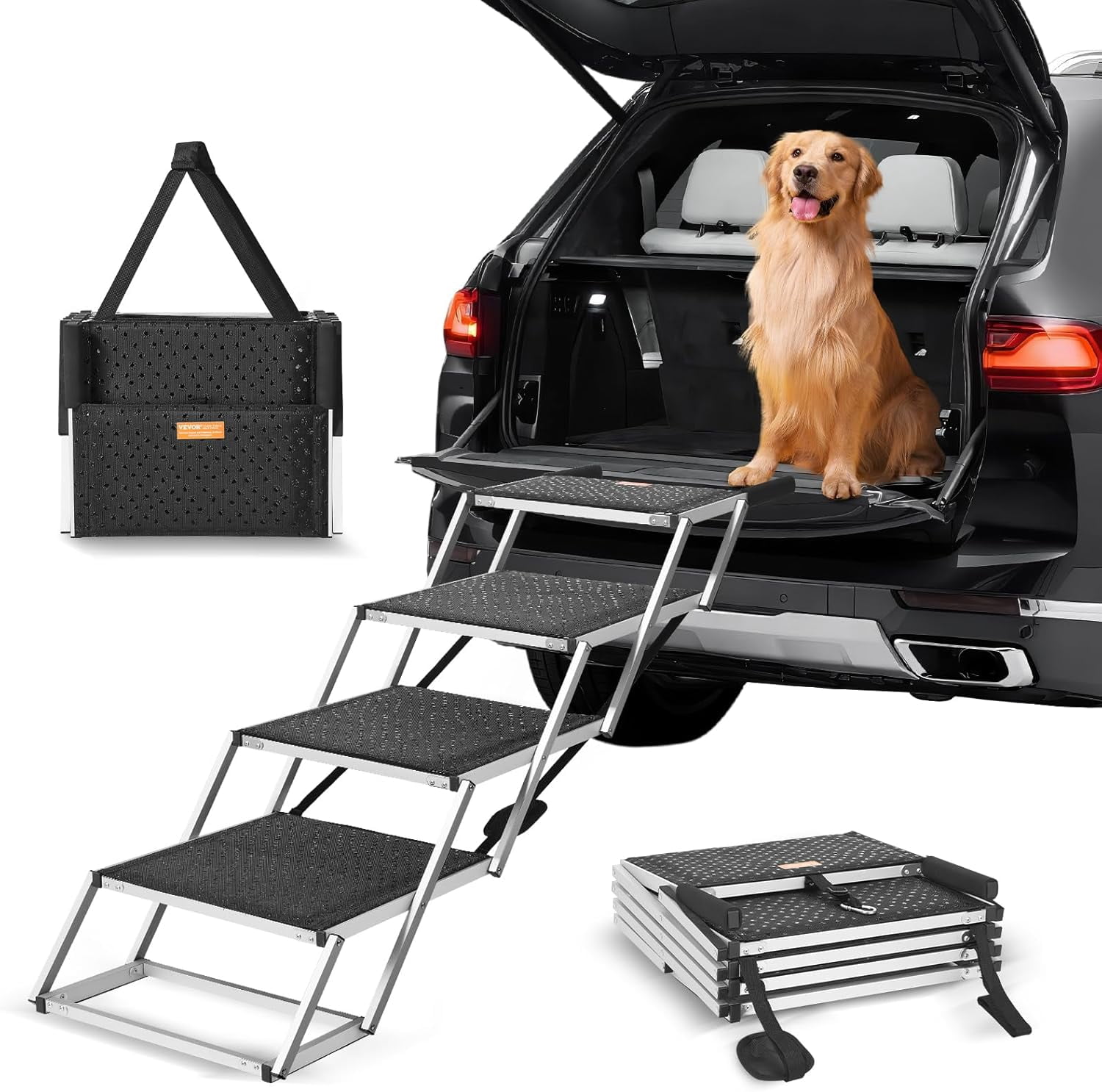 4-Step Dog Car Steps, Folding Dog Ramp with Nonslip Surface, Portable ...