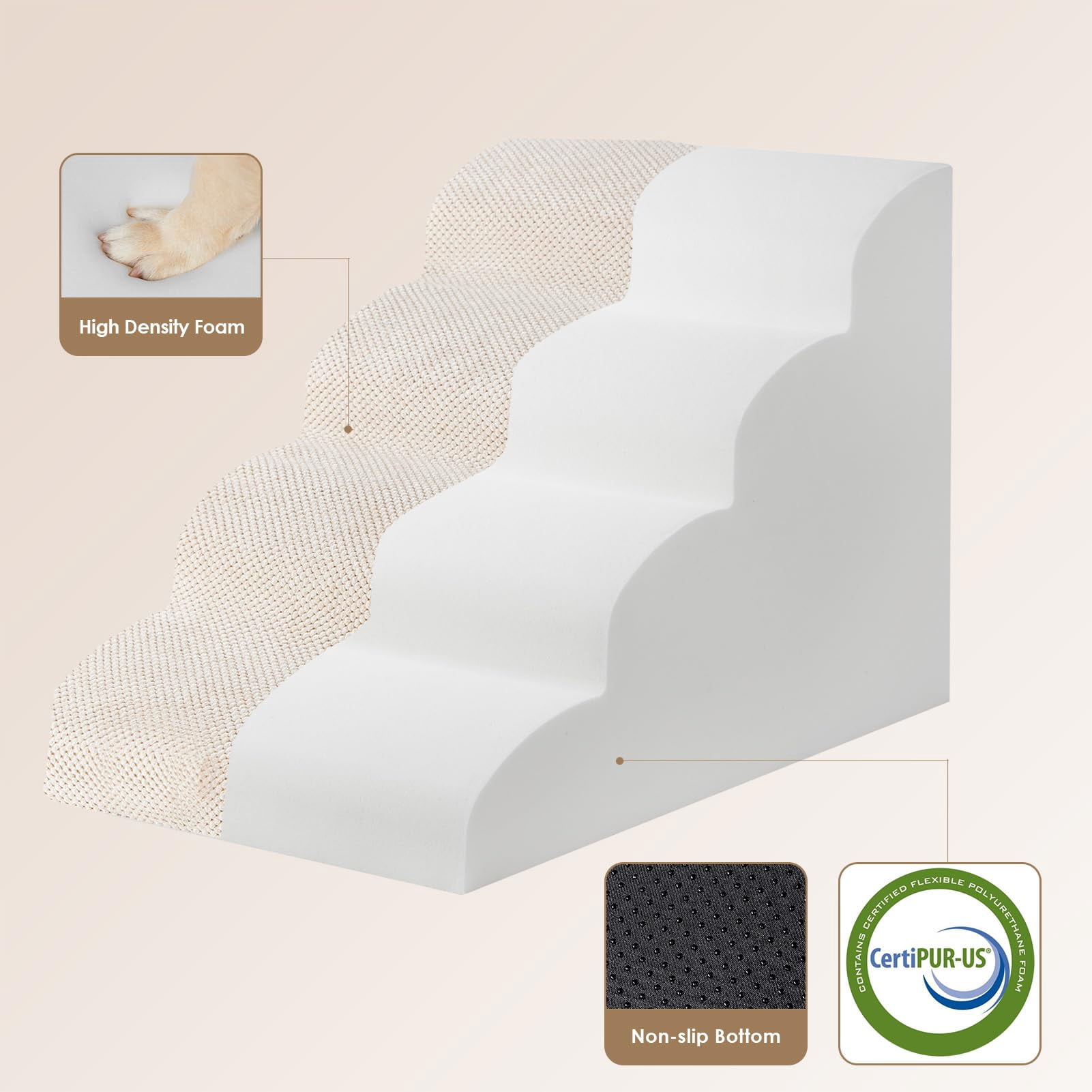 4-Step Fleece-Beige Pet Stairs for Indoor Use with Beds and Sofas ...