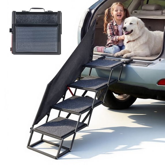 4-Step Foldable Extra Wide Dog Car Stairs, Non-Slip Pet Ramp Supports ...
