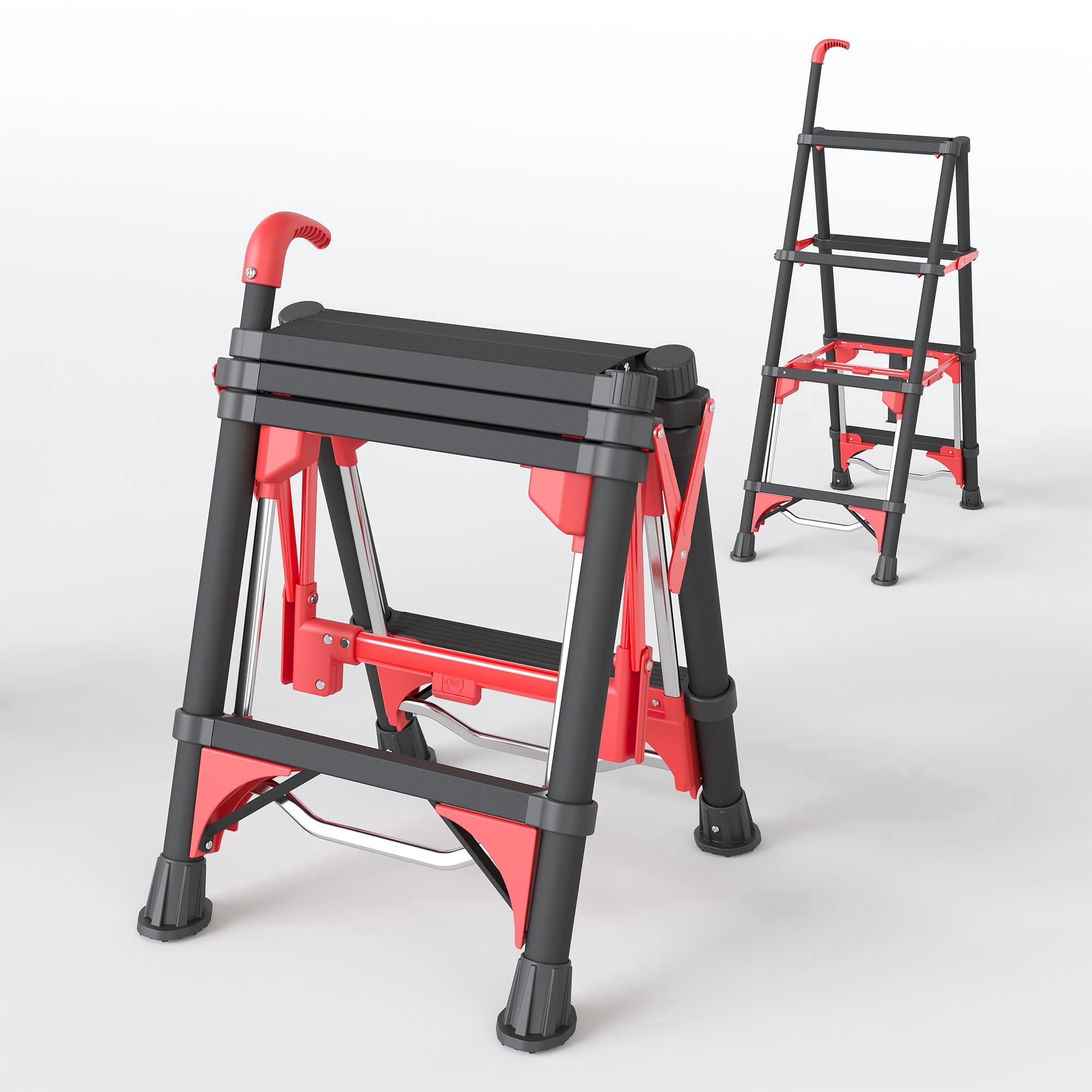 4 Step Folding Ladder with Hand Grip, Anti-Slip Wide Pedals, Locking ...