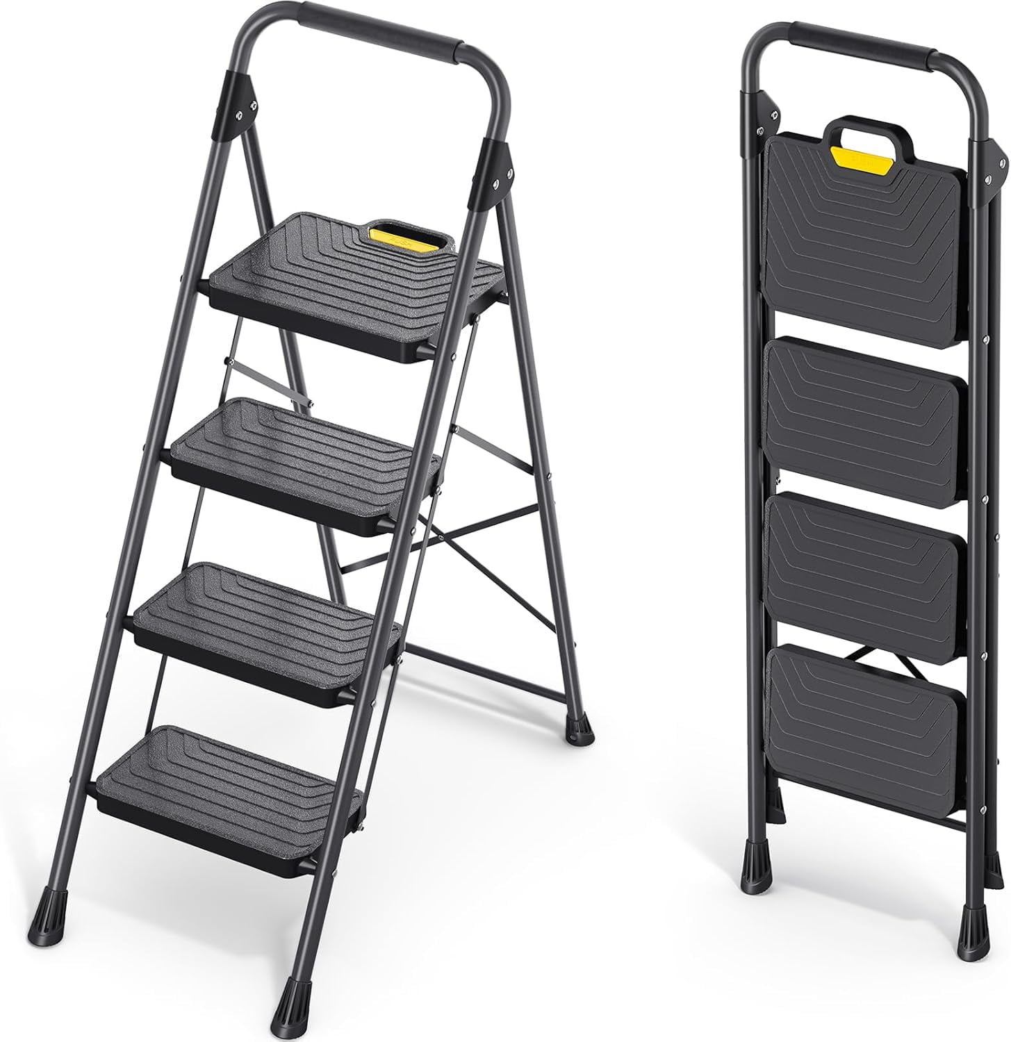 4-Step Folding Steel Ladder - 800lbs Load Capacity, Anti-Slip Wide ...