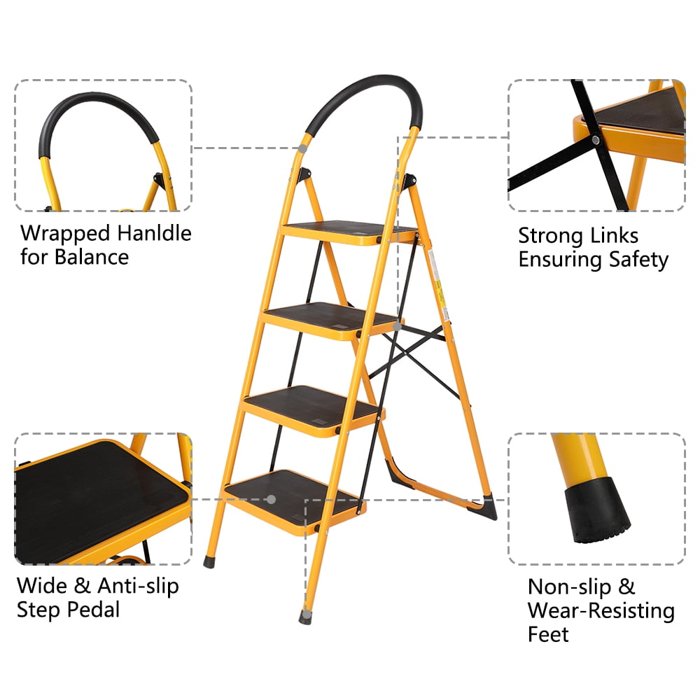 4 Step Iron Sturdy Ladder 330 lb Ladder Folding Step Stool with ...