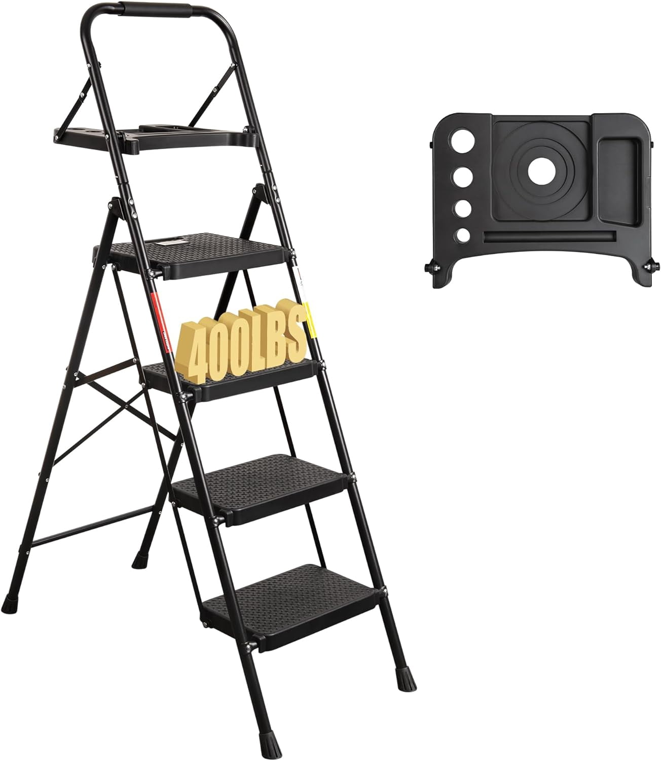 4-Step Ladder, 400lbs Max Load, Folding Step Stool with Tool Tray, Anti ...