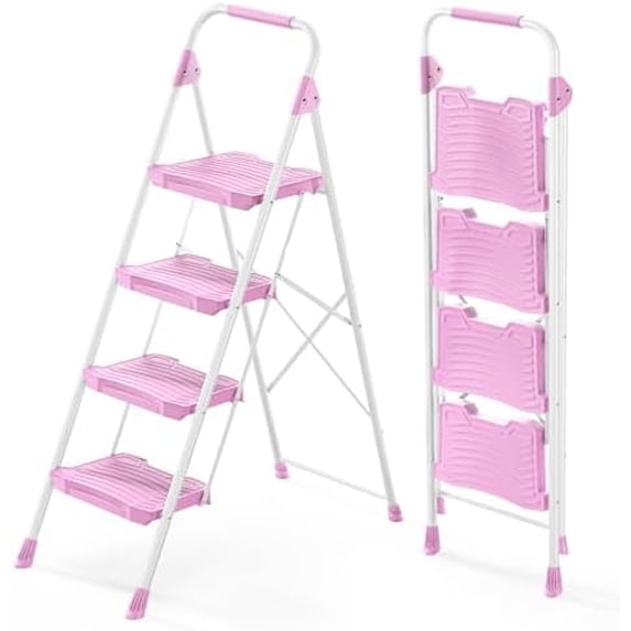 4 Step Ladder, 900lbs Sturdy Step Stool with Handrail, Anti-Slip Wide ...