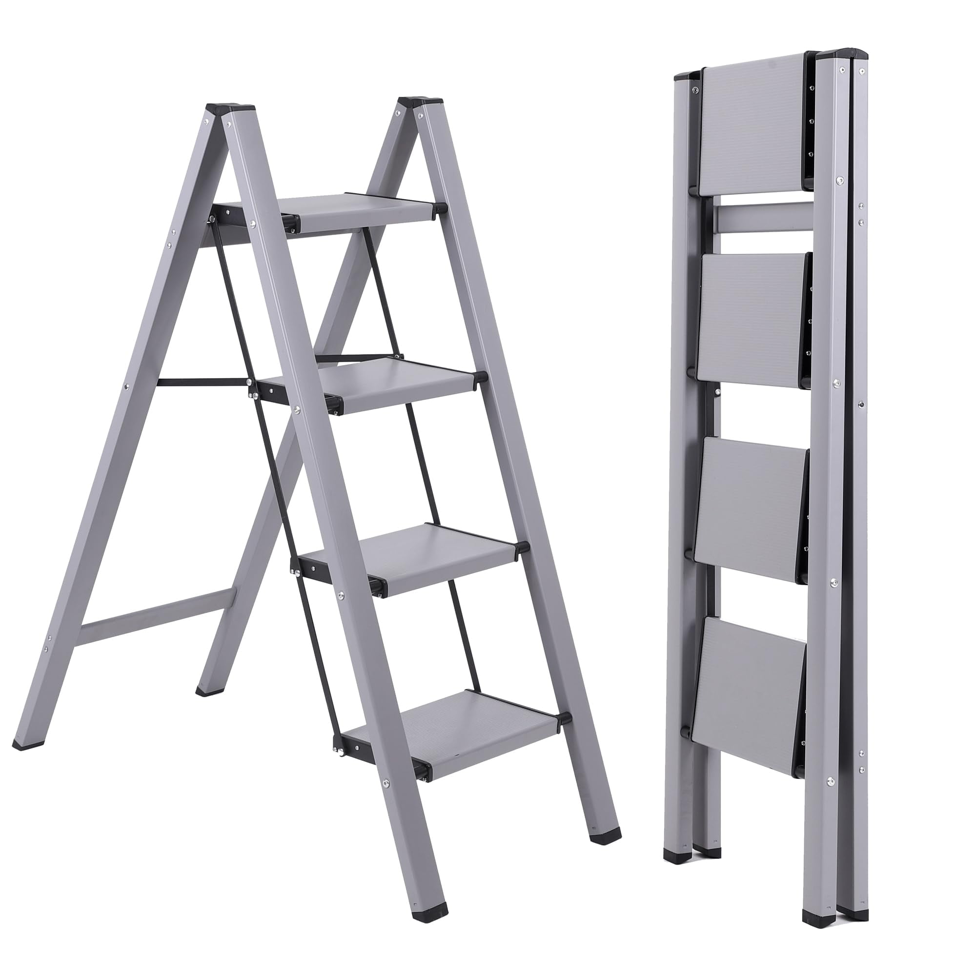 4 Step Ladder, Aluminum Lightweight Folding Step Stool wWide Anti-Slip ...
