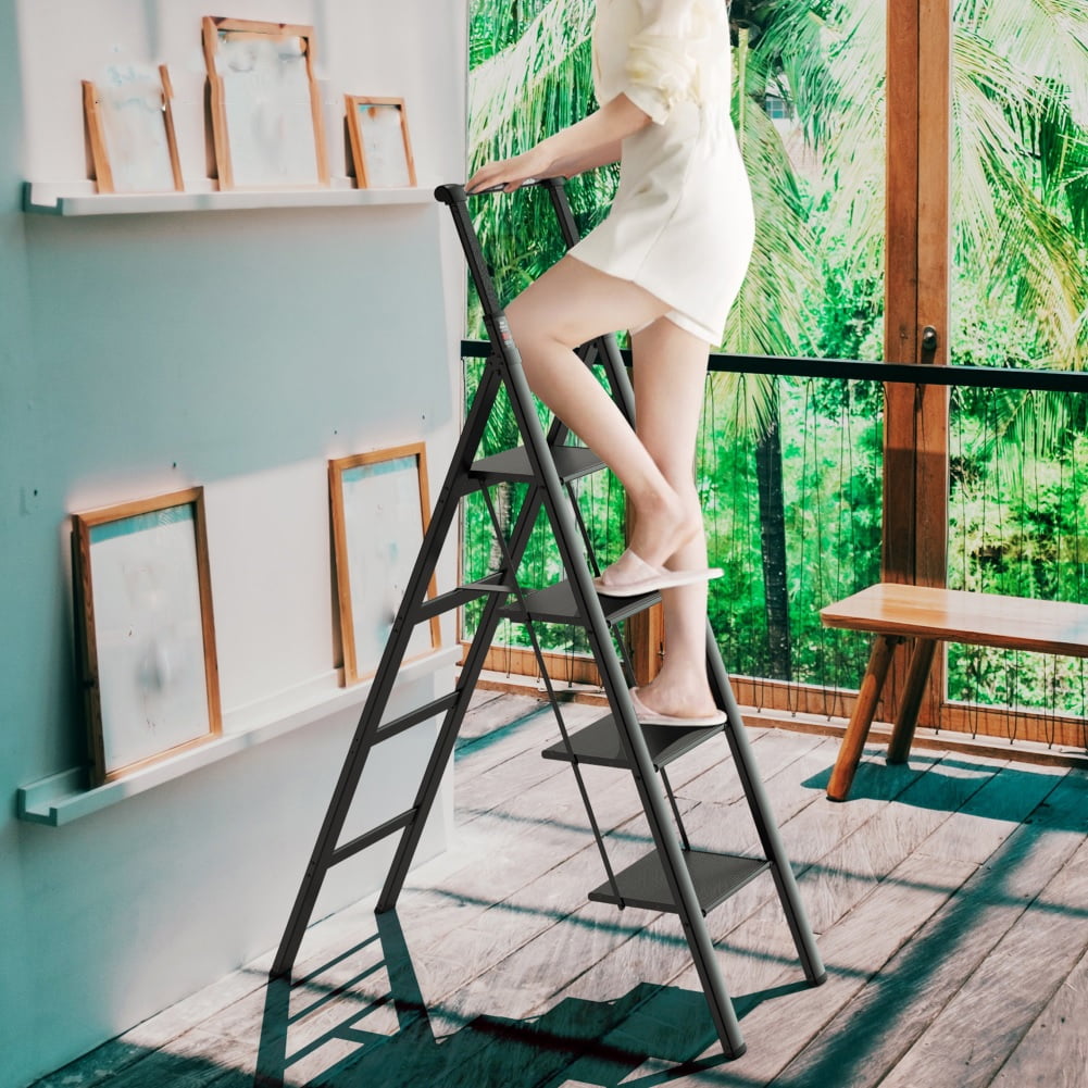 4 Step Ladder with Anti-Slip Wide Pedal, Lightwight Aluminum Household ...