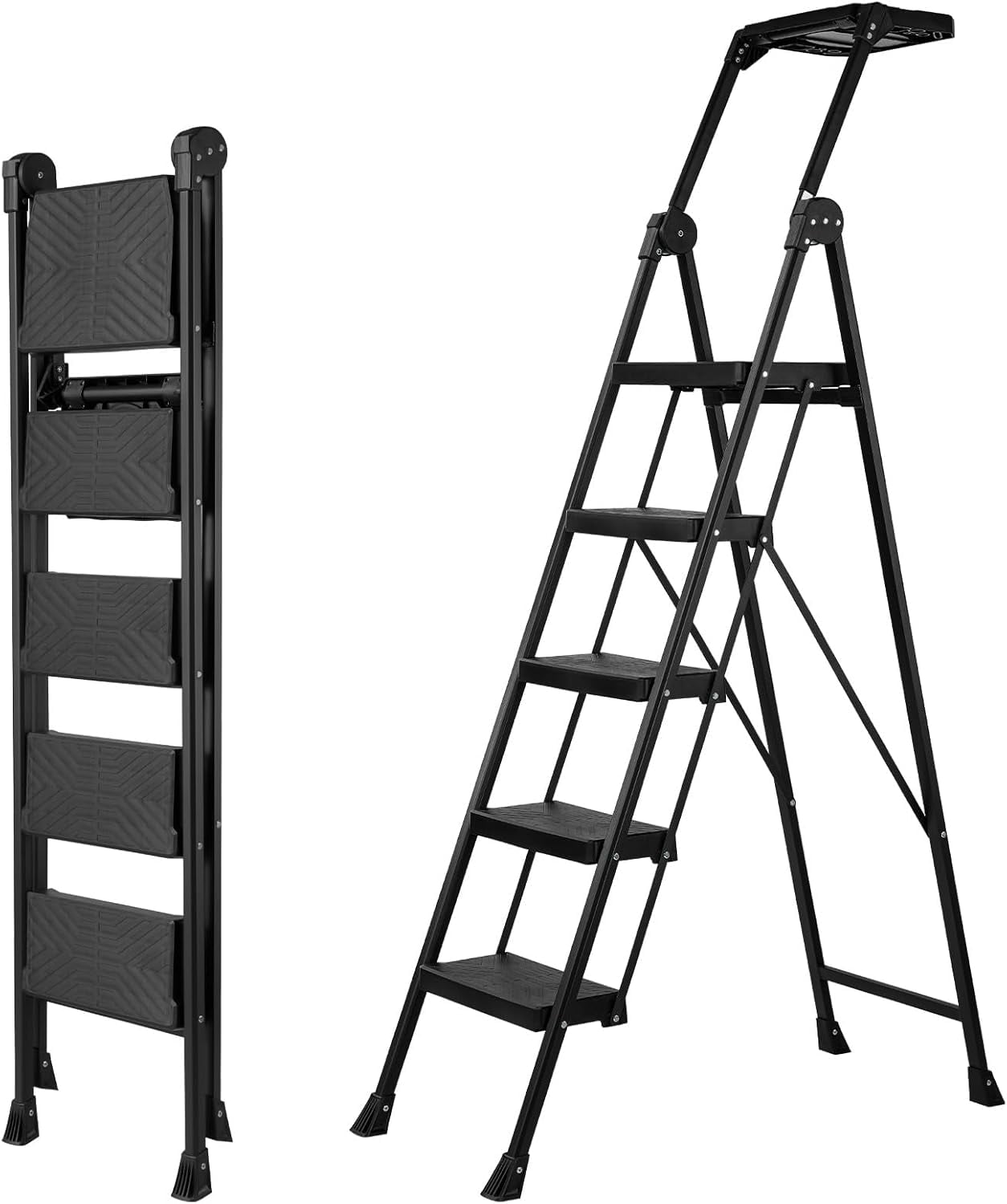 4 Step Ladder, Foldable Handrail & Tool Tray Stool Ladders with Anti ...