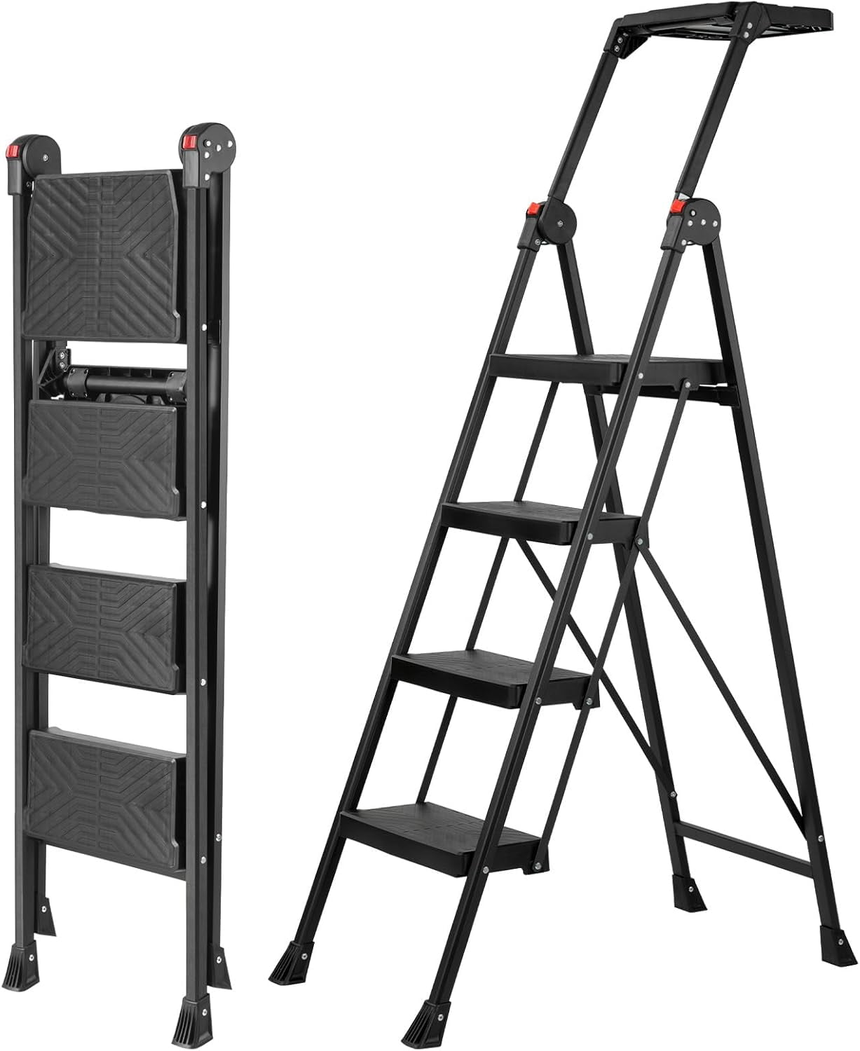 4 Step Ladder, Foldable Handrail & Tool Tray Stool Ladders with Anti ...