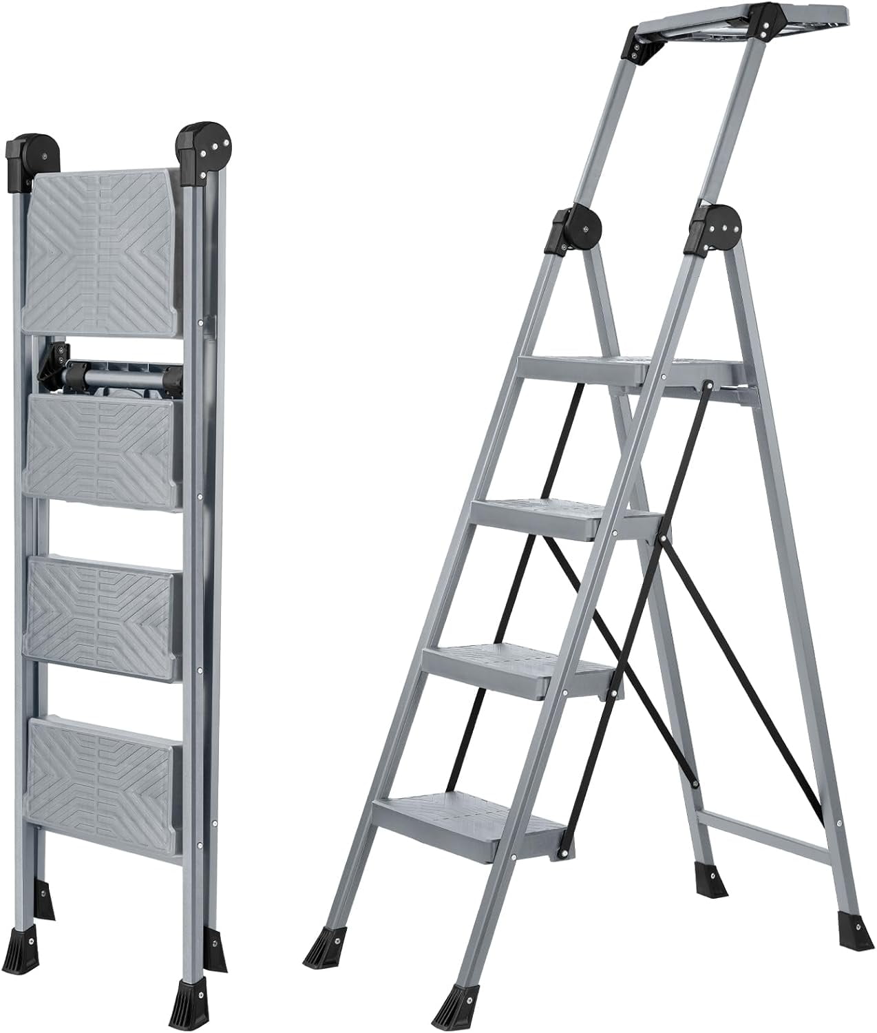 4 Step Ladder, Foldable Step Stool Ladder with Handrails & Tray, 660 ...