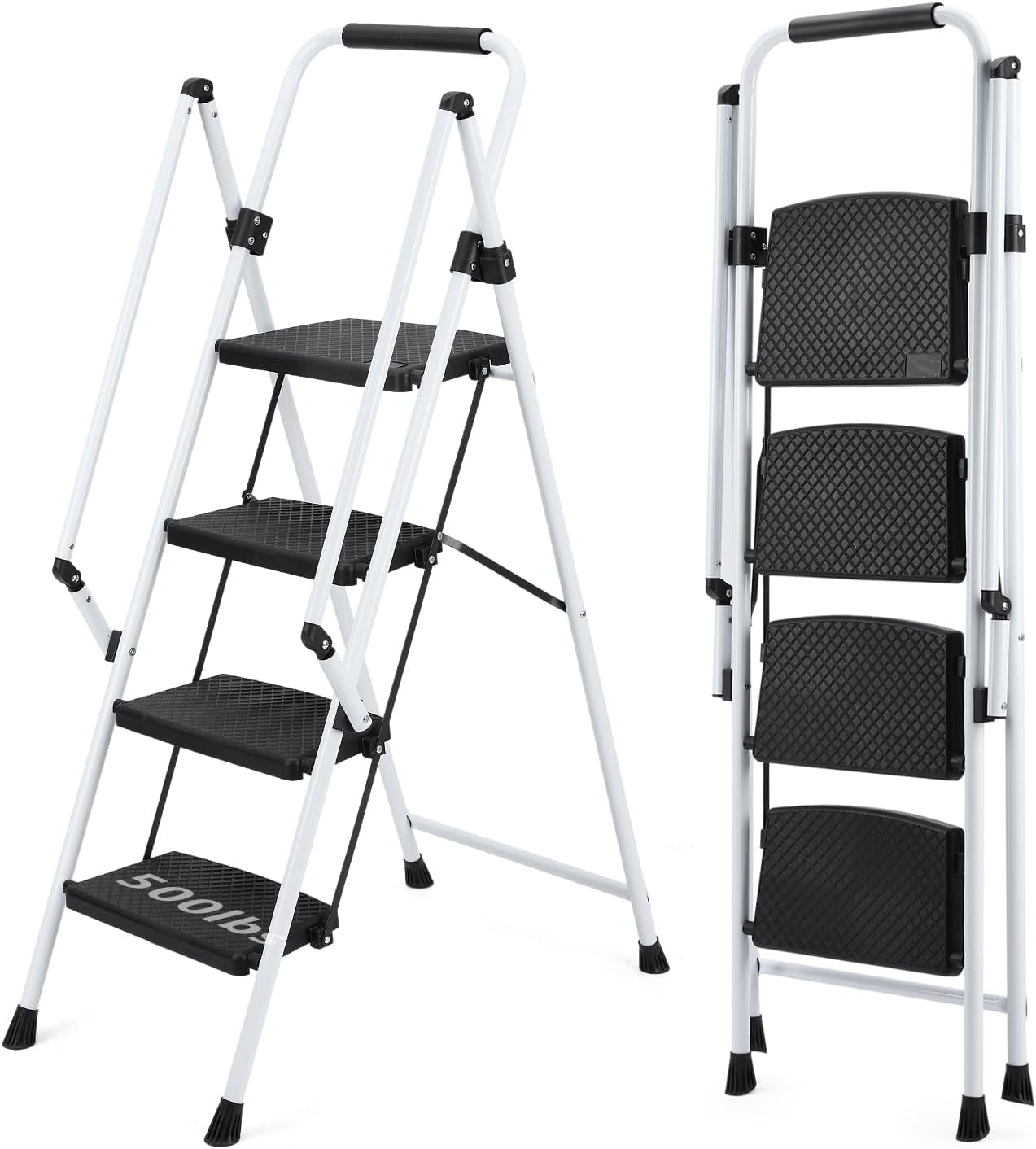 4 Step Ladder,Folding 4 Step Stool with Handrails, Sturdy Steel Ladder ...