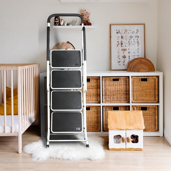 4 Step Ladder, Folding Lightweight Step Stool with Handrails and Wide Anti-Slip Pedal for Home ...